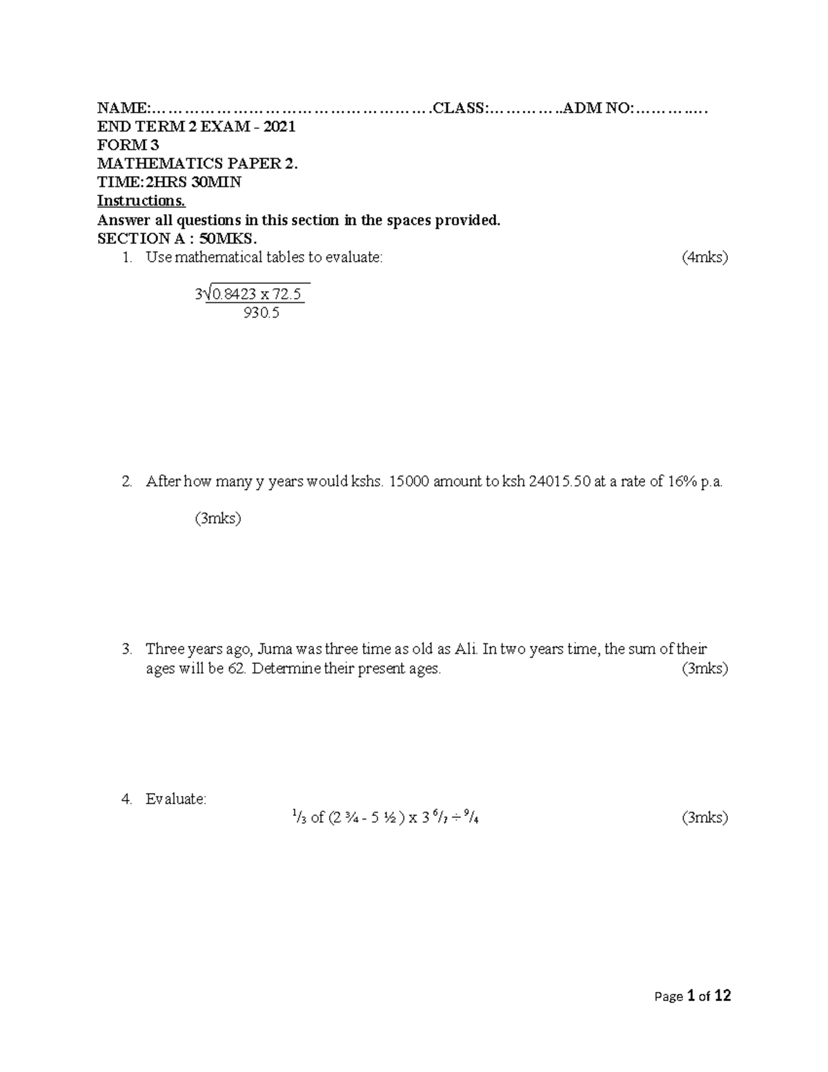 F3 Maths PP2 QN Teacher - EXAMS - - Studocu