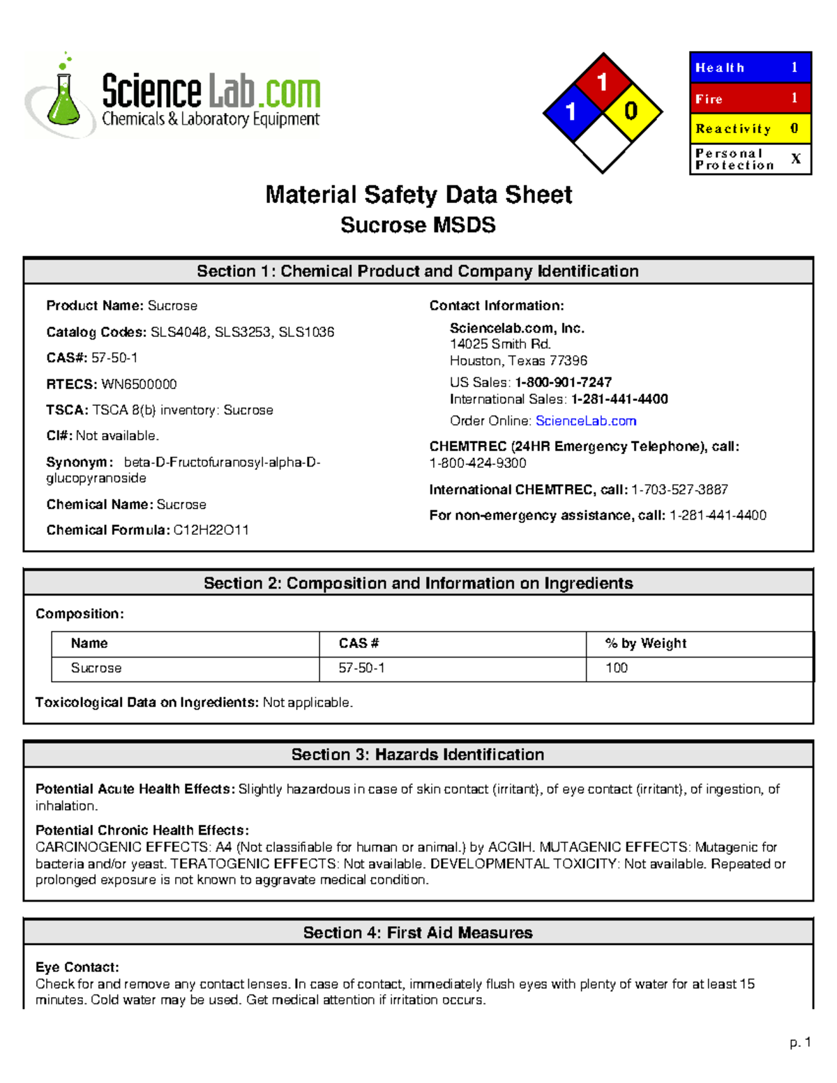 Getpdf - SDS SACAROSA - 1 1 0 He a lth Fire Re a ctiv ity Pe rs o n a l ...