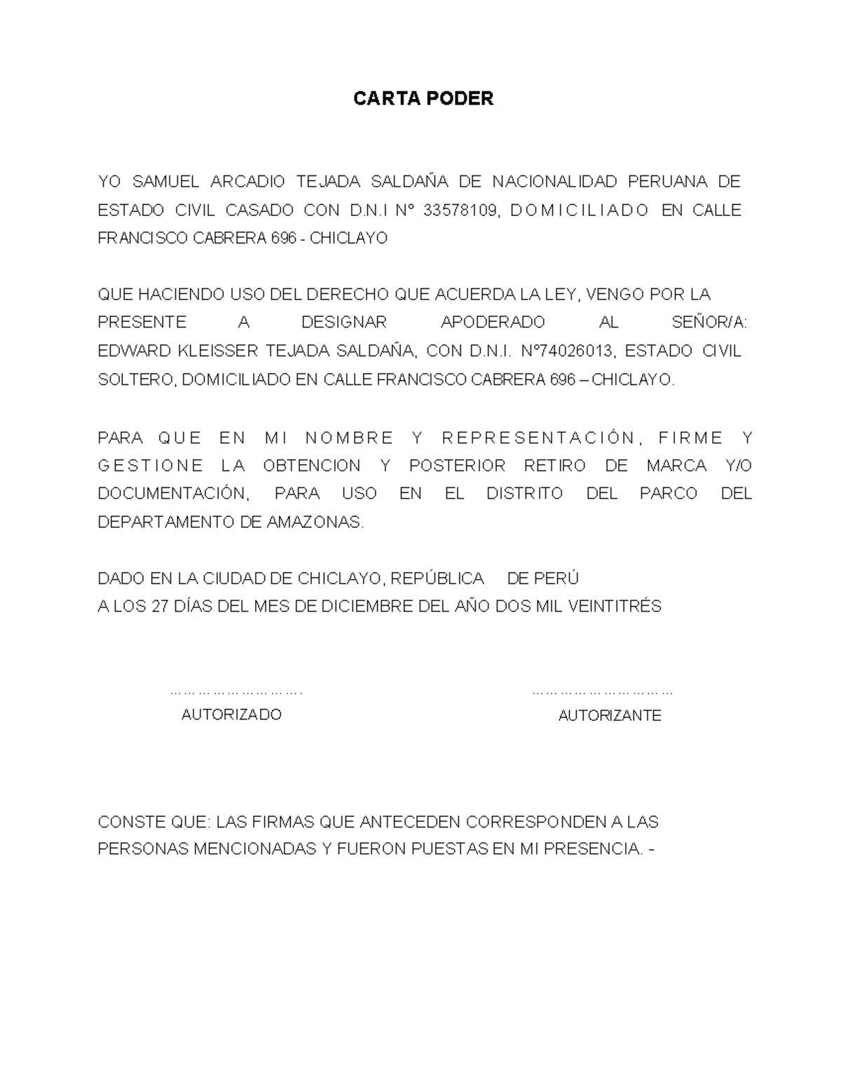 Carta- Poder - CARTA PODER YO SAMUEL ARCADIO TEJADA SALDAÑA DE ...