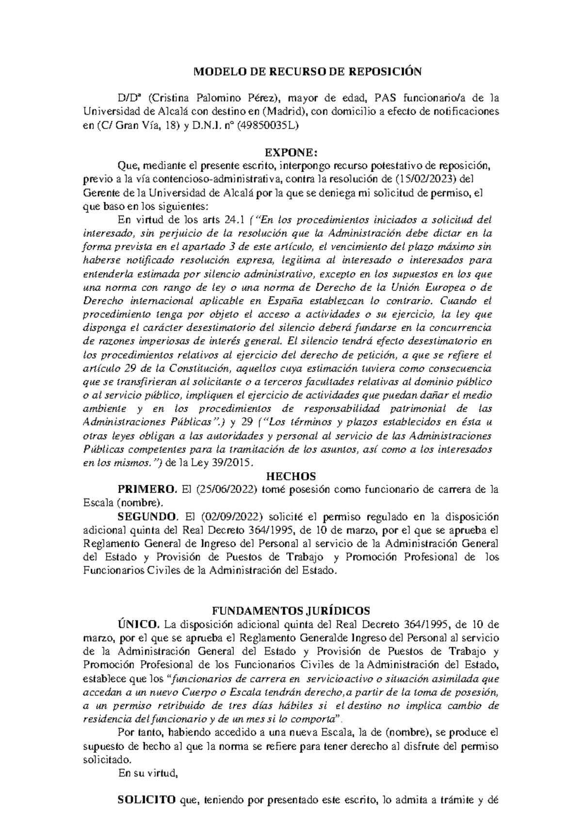 Modelo DE Recurso DE Reposición Cristina Palomino - MODELO DE RECURSO DE REPOSICIÓN D/Dª ...