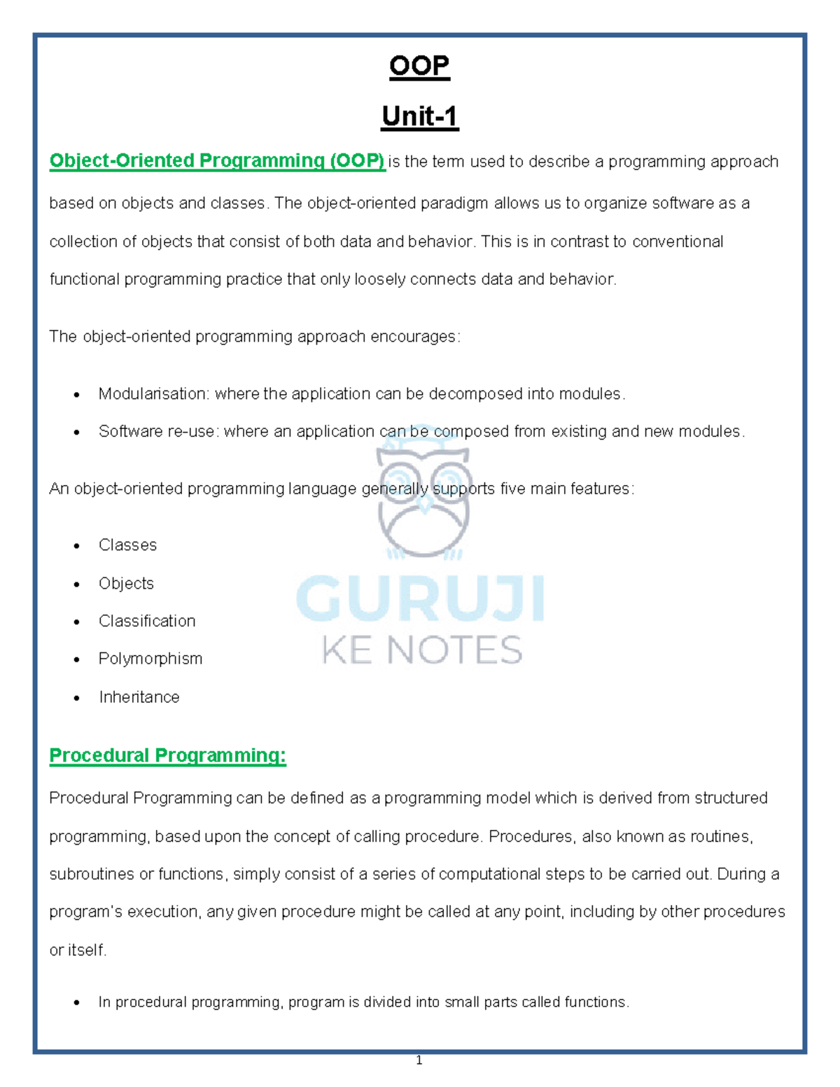 Oops notes - Xyz - OOP Unit- Object-Oriented Programming (OOP) is the ...