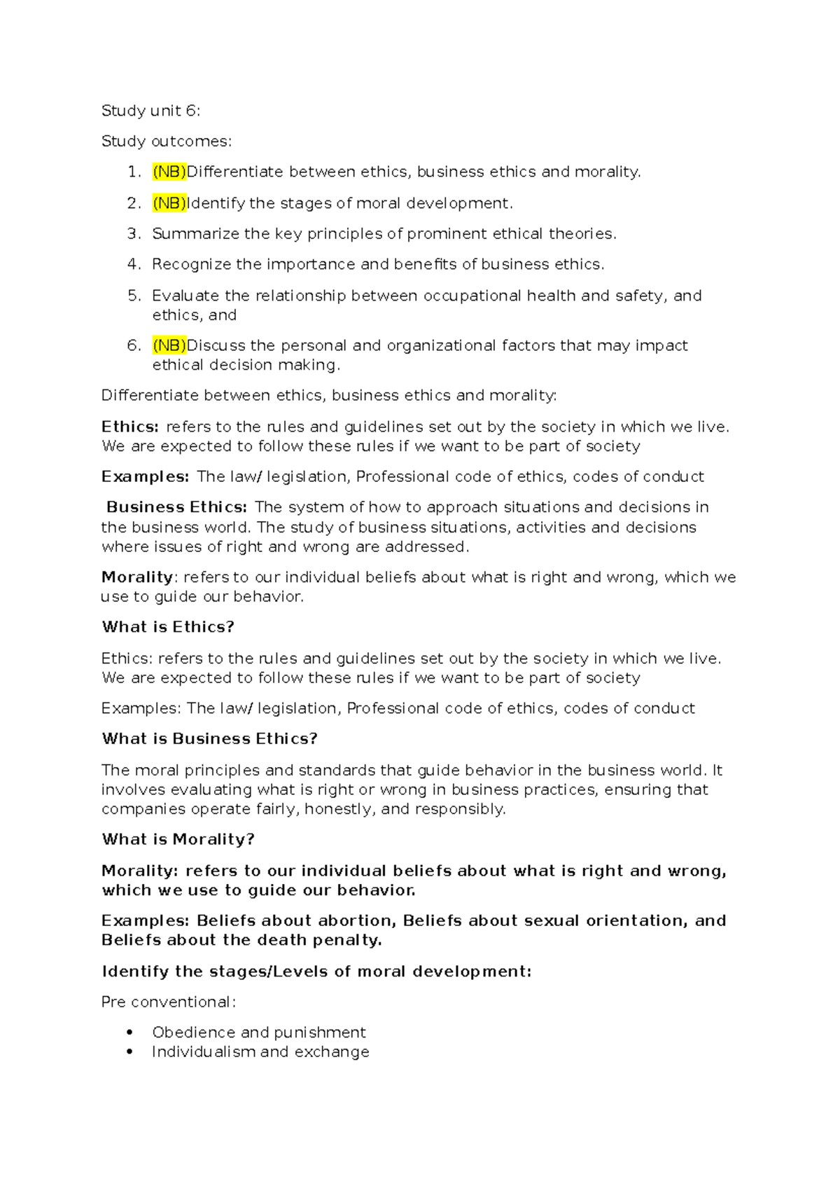 Study unit 6 summaries - Summary - Study unit 6: Study outcomes: 1. (NB ...