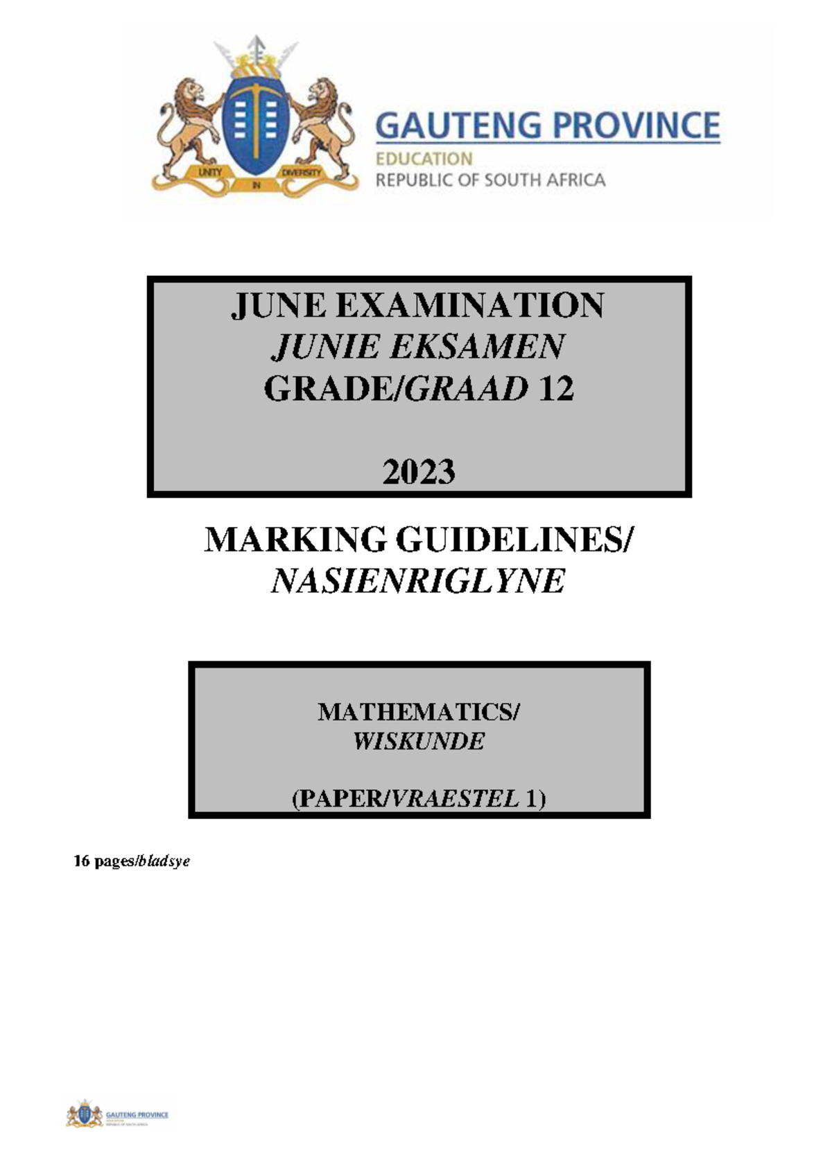2023 Grade 12 Math June Paper 1 GP MEMO - JUNE EXAMINATION JUNIE ...