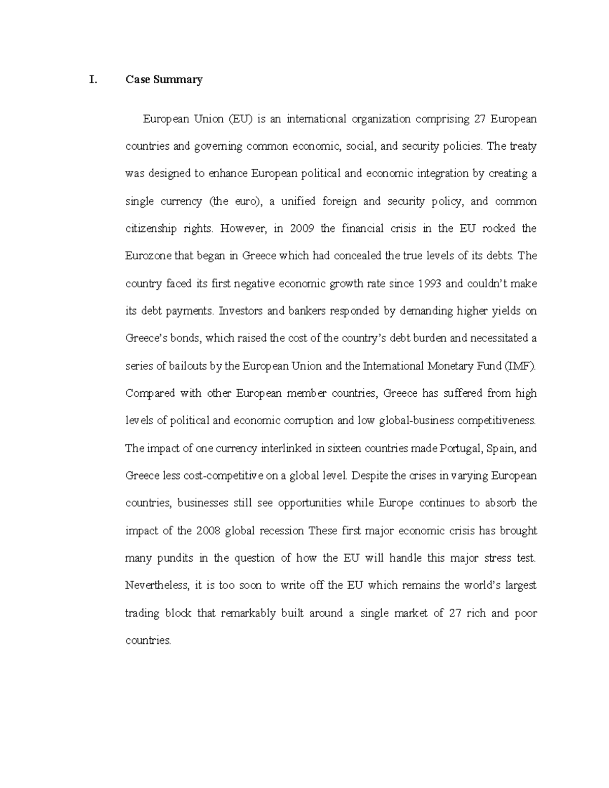 IBT Case Study ON european union - I. Case Summary European Union (EU ...