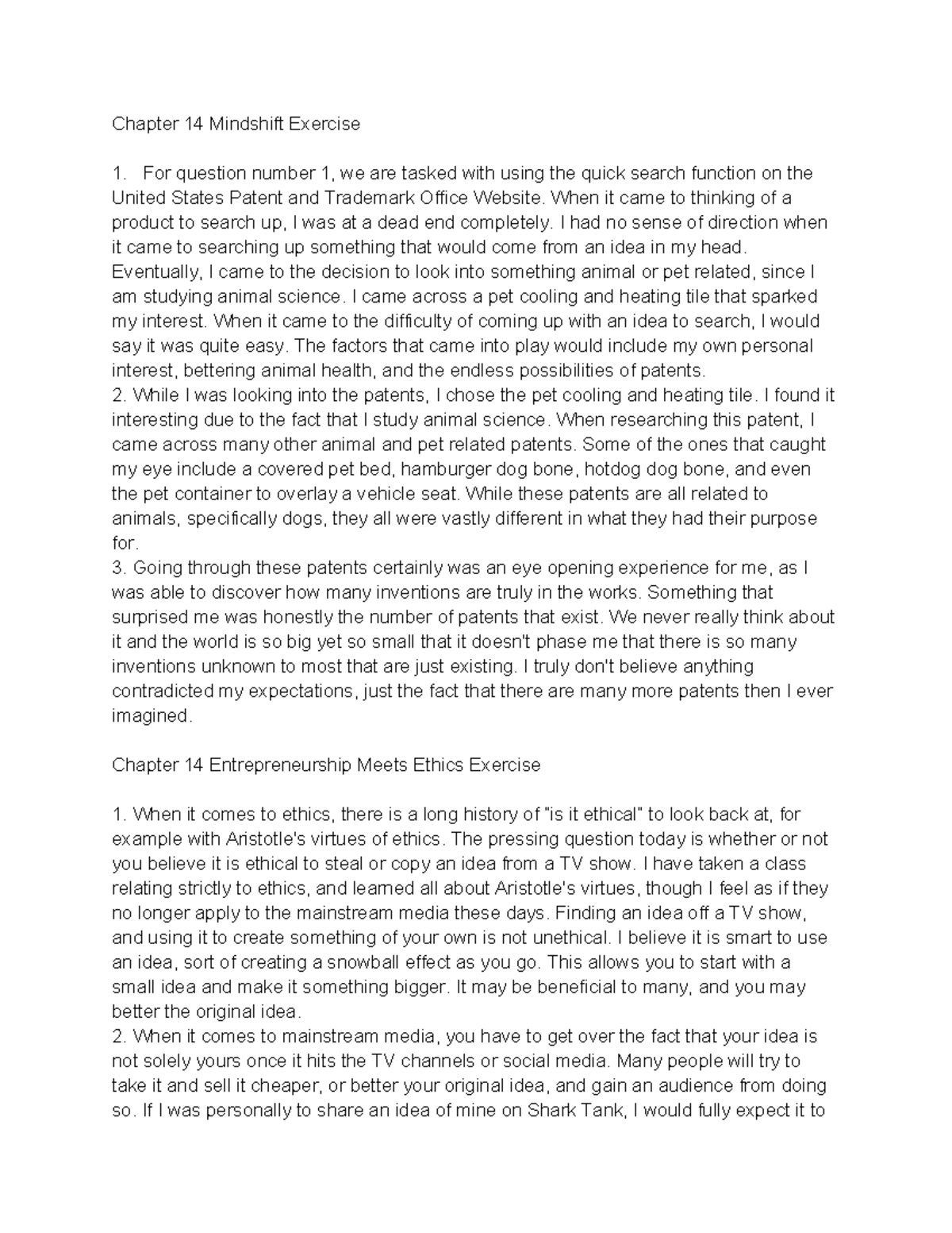 HW 5 Entrp 340 - homework - Chapter 14 Mindshift Exercise For question ...