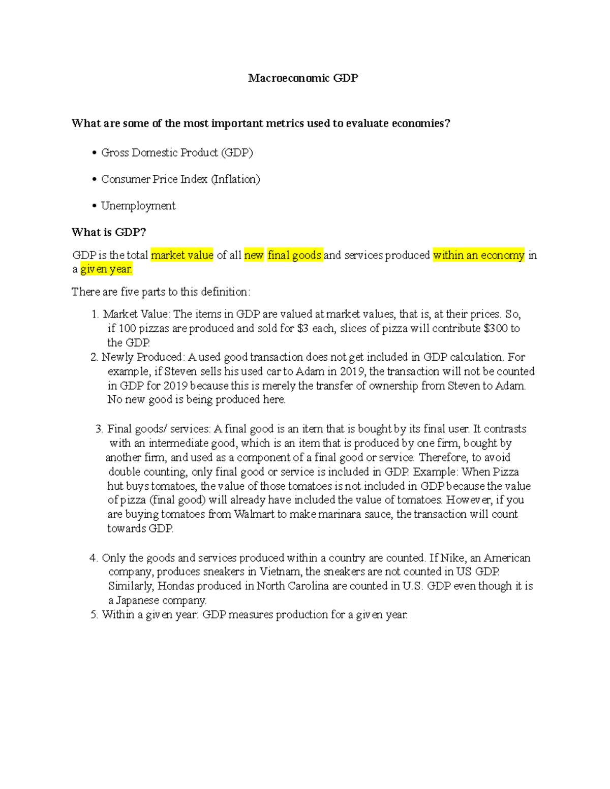 GDP Notes Macro 202 - Macroeconomic GDP What are some of the most ...