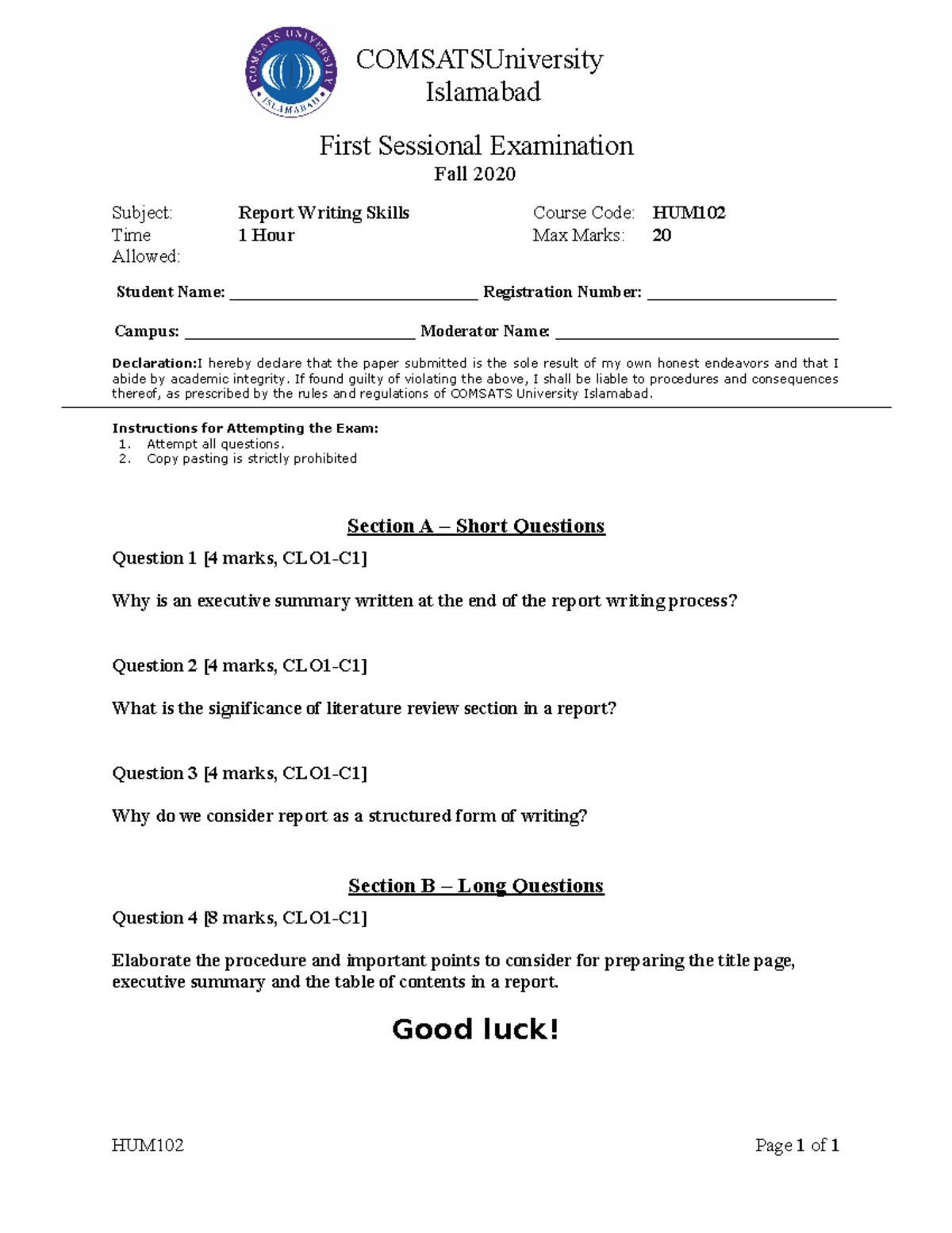 Assignment of report subject of comsats university islamabad ...