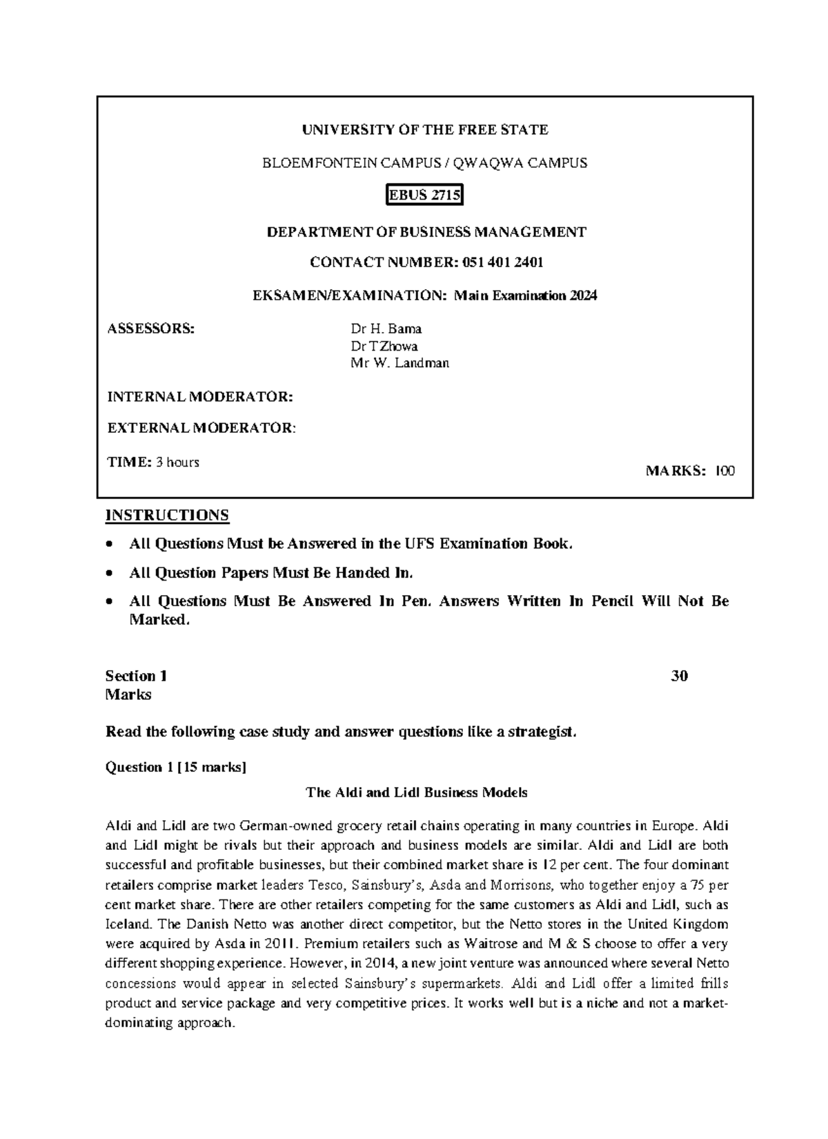 EBUS2715 Main Mid-Year 2024 MEMO - INSTRUCTIONS • All Questions Must be ...