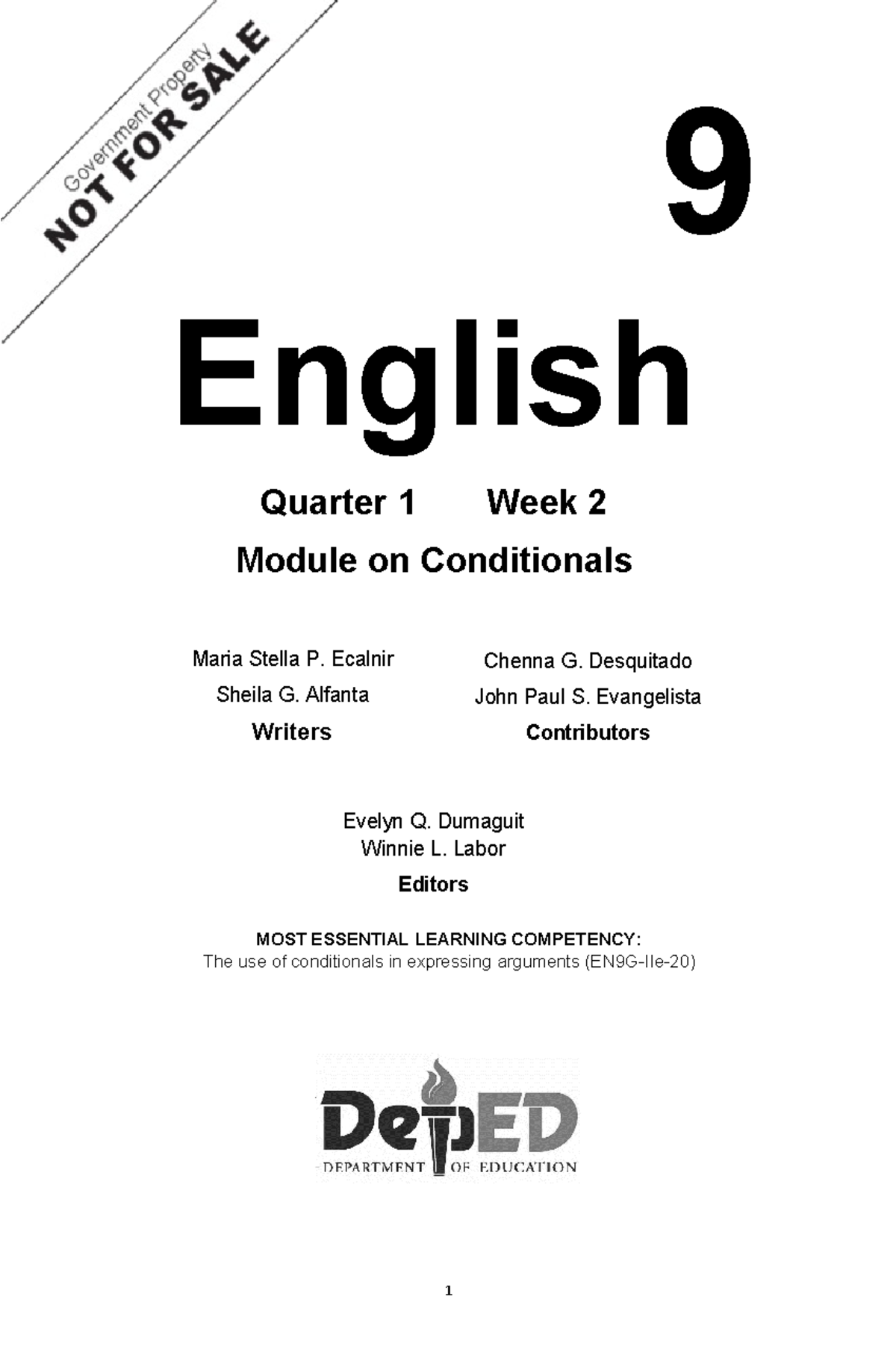 English Quarter 1 Week 2 4 - English Quarter 1 Week 2 Module on Conditionals Maria Stella P ...
