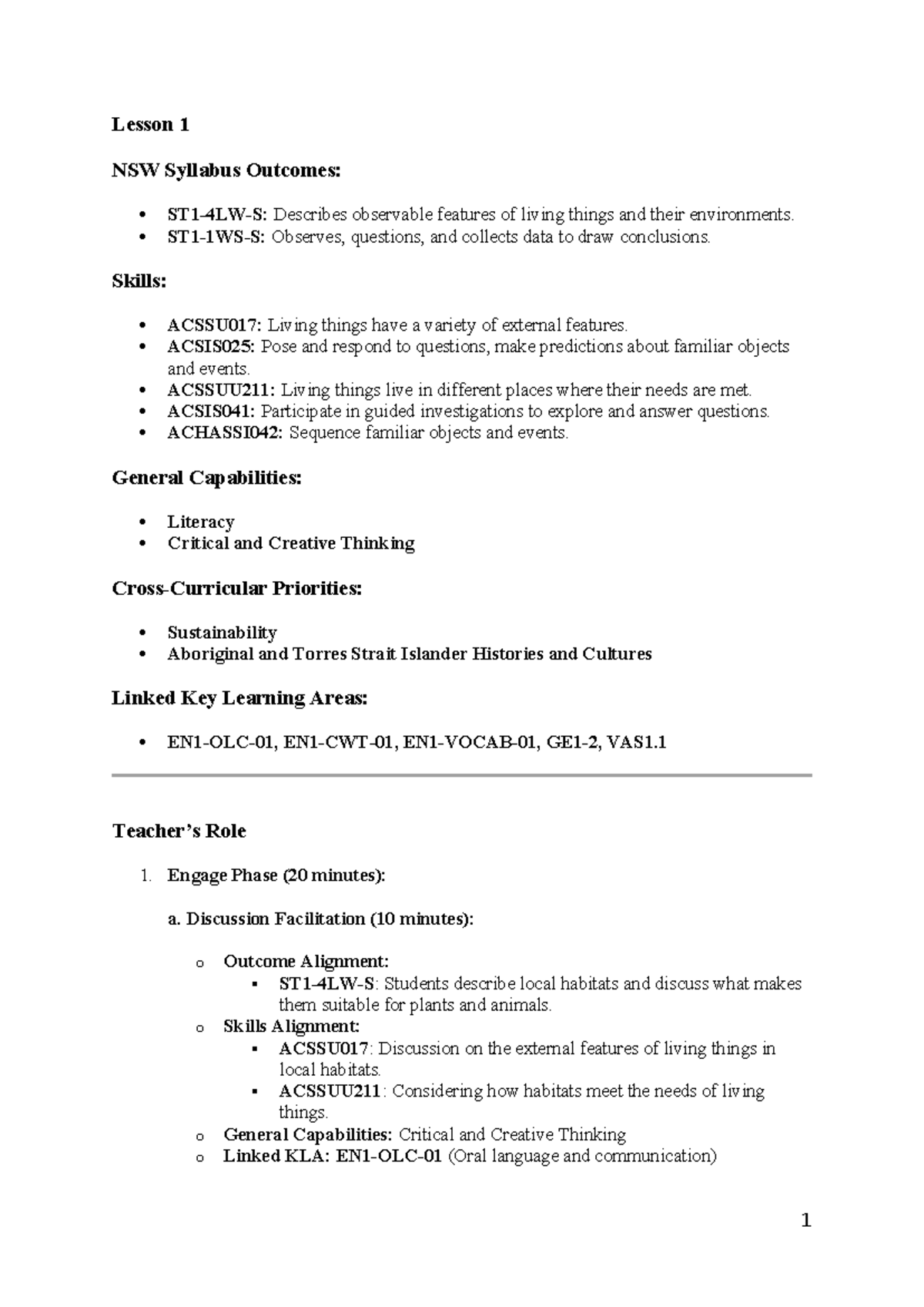 Science outcomes alignesd with activity - Lesson 1 NSW Syllabus ...