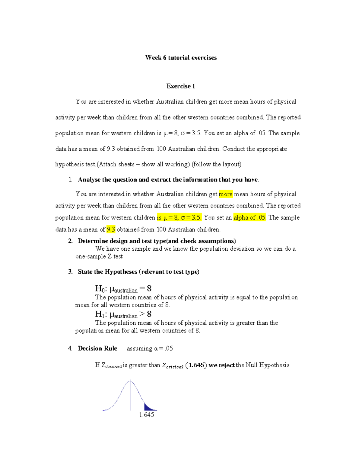 Hypothesis Testing With Ztest Week 6 Tutorial Exercises Exercise 1 You Are Interested In 