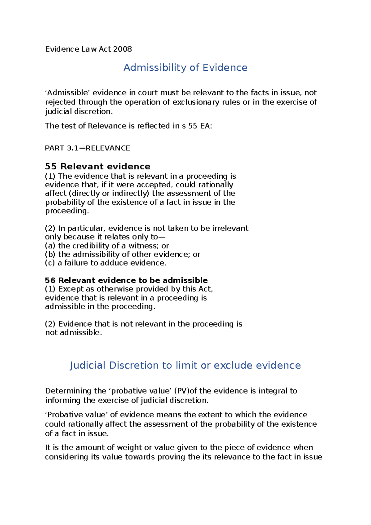 Evidence LAW EXAM Notes - Evidence Law Act 2008 Admissibility of ...