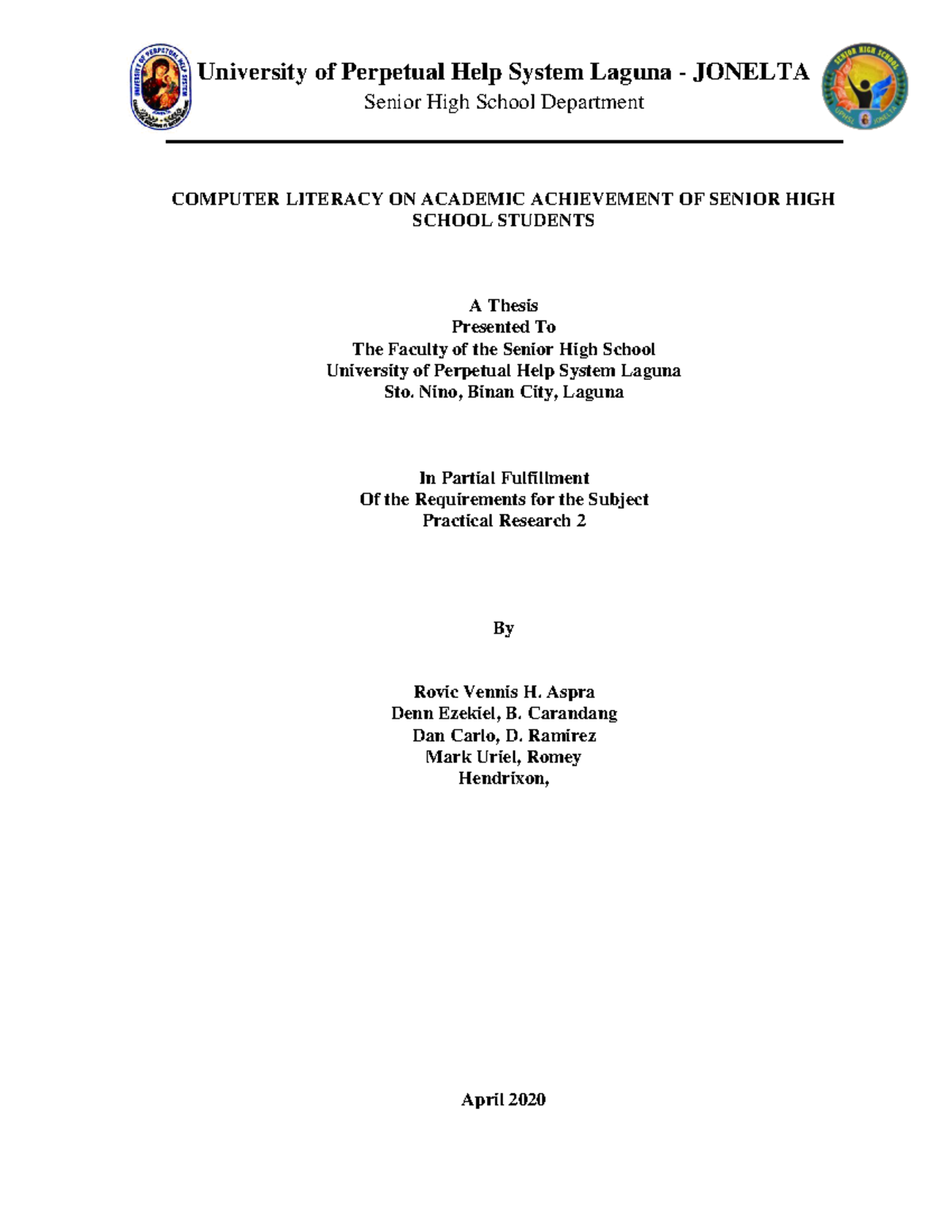 Pdfcoffee - research - Senior High School Department COMPUTER LITERACY ON ACADEMIC ACHIEVEMENT ...