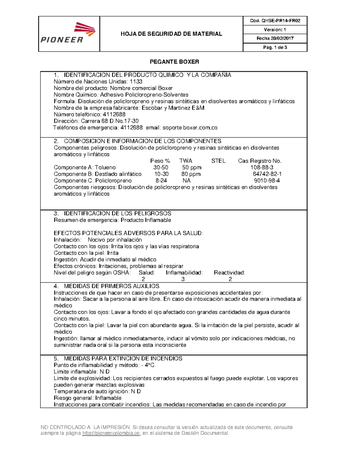 4. Boxer Pegante E&M - HOJA DE SEGURIDAD DE MATERIAL Cód. QHSE-PR14-FR ...