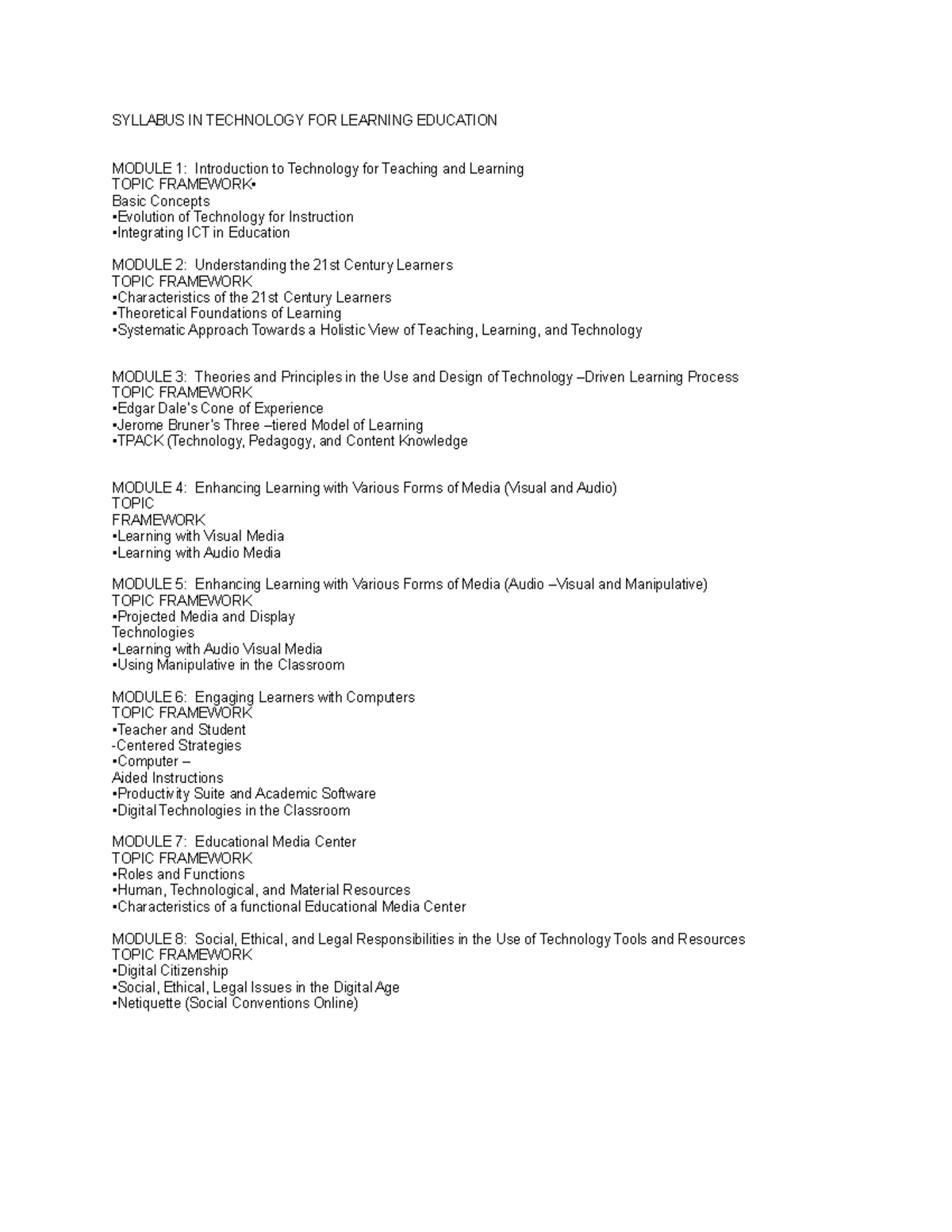 Syllabus IN Technology FOR Learning Education - SYLLABUS IN TECHNOLOGY ...