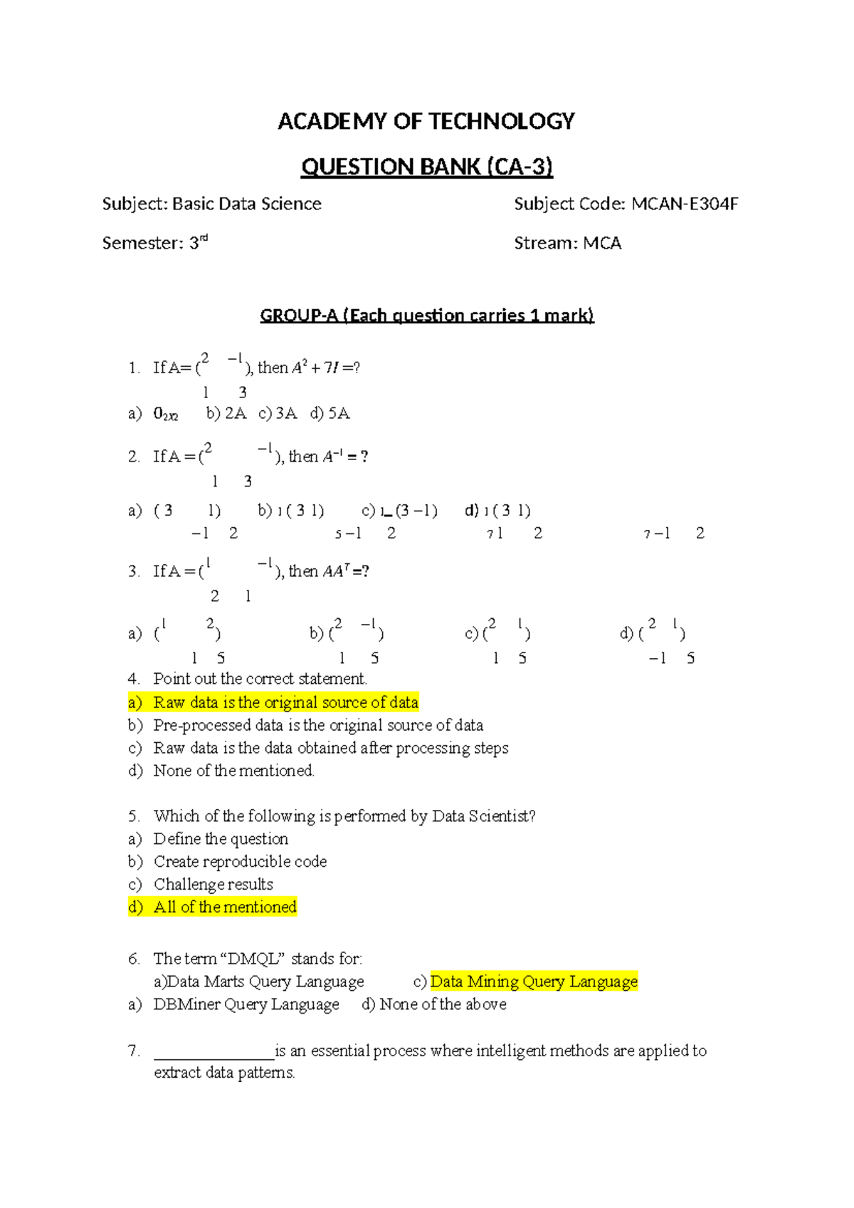 Basic Data Science Question Bank (CA-3) 2024 - ACADEMY OF TECHNOLOGY ...