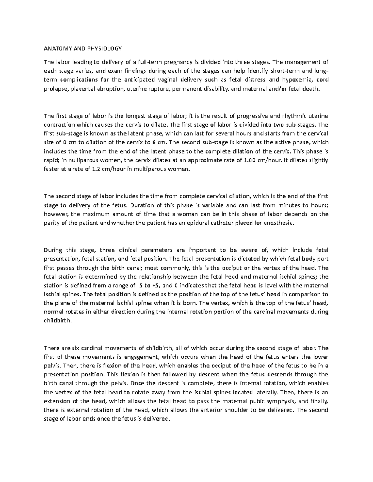 Anatomy AND Physiology - ANATOMY AND PHYSIOLOGY The labor leading to ...