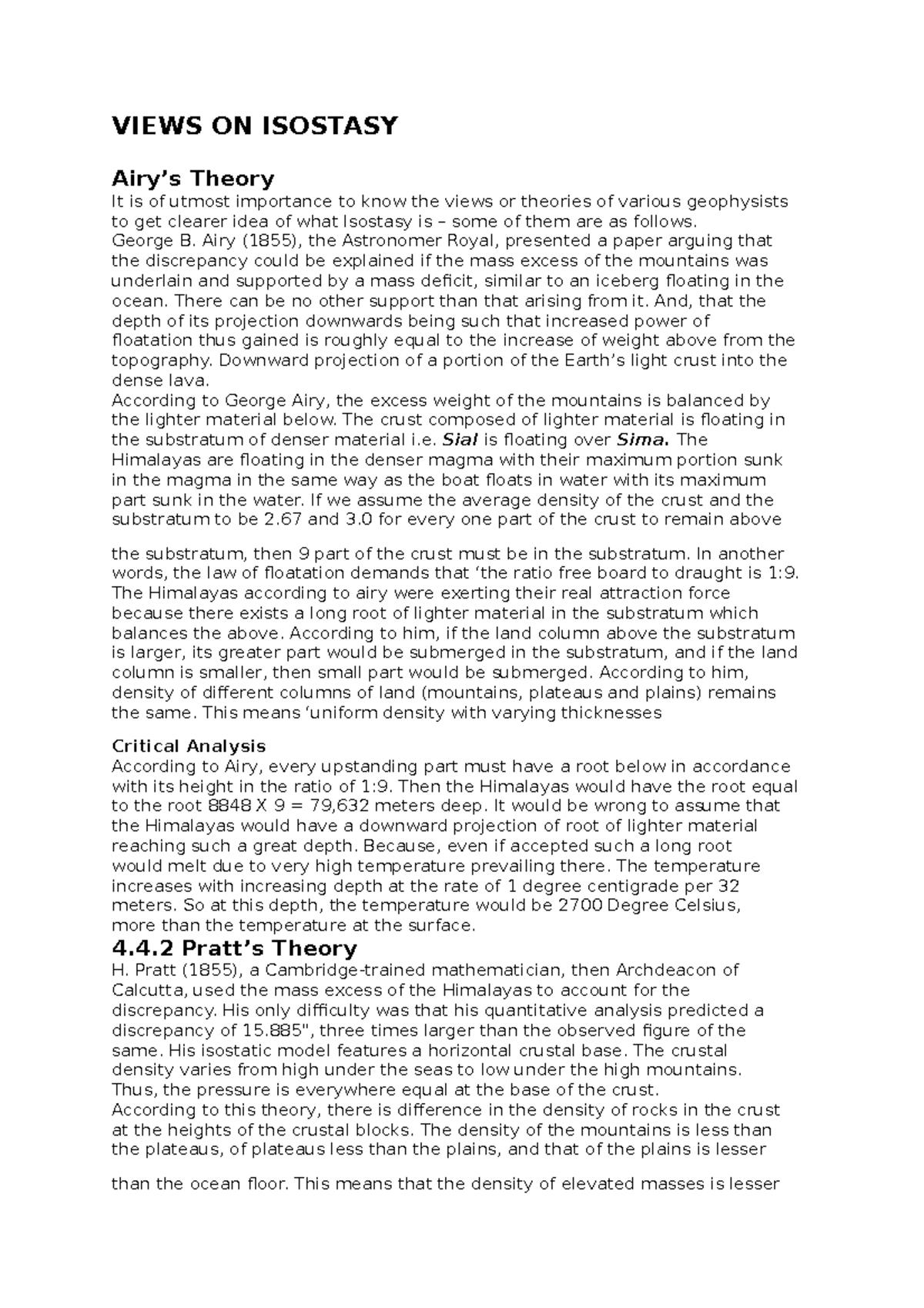 Theories AMD Views ON Isostasy - VIEWS ON ISOSTASY Airy’s Theory It is ...
