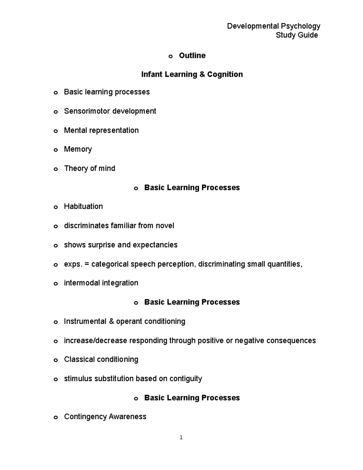 2021 Developmental Psychology Lecture Notes 7a - o Outline Infant ...