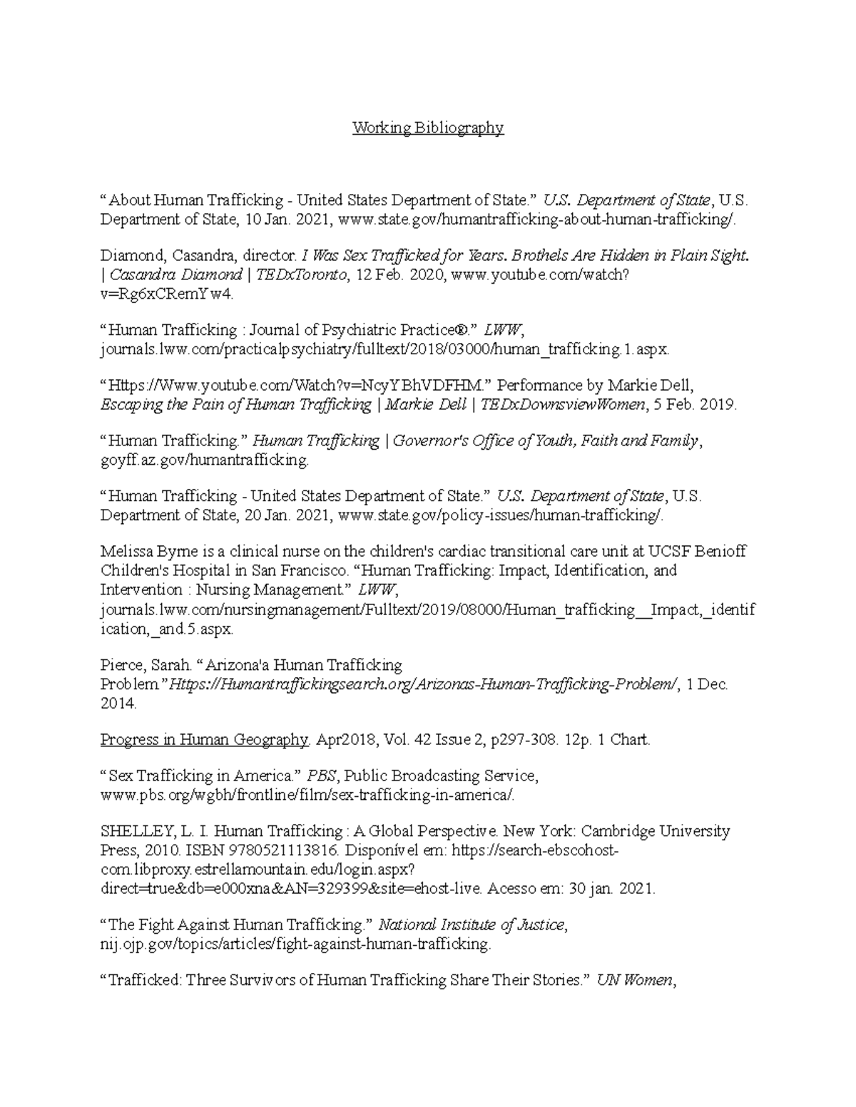 Working Bibliography Page - Working Bibliography “About Human ...