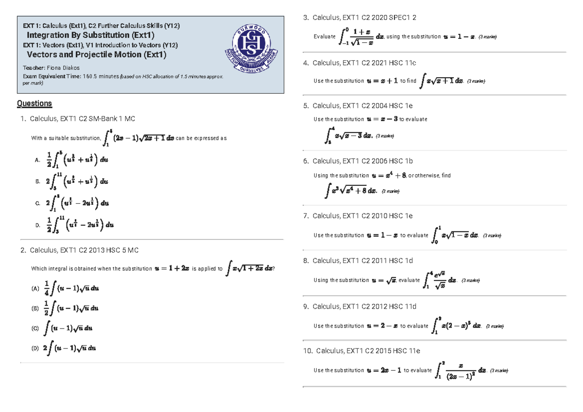 Integration By Substitution (Ext1) - 1. Calculus, EXT1 C2 SM-Bank 1 MC ...