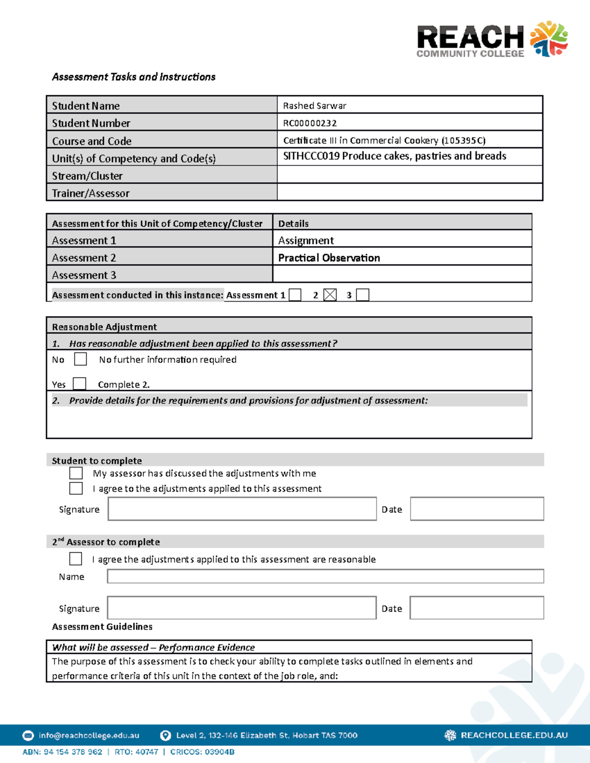 Sithccc 019 Assessment 2 -Practical Observation - Assessment Tasks and Instructions Student Name ...