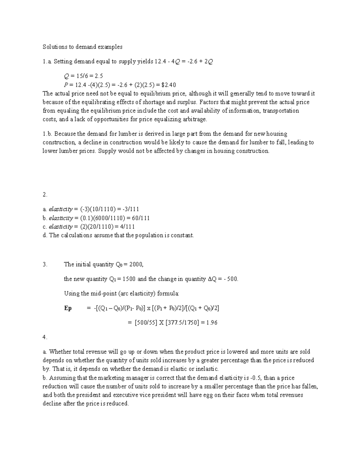 Demand soln - Notes - Solutions to demand examples Setting demand equal ...