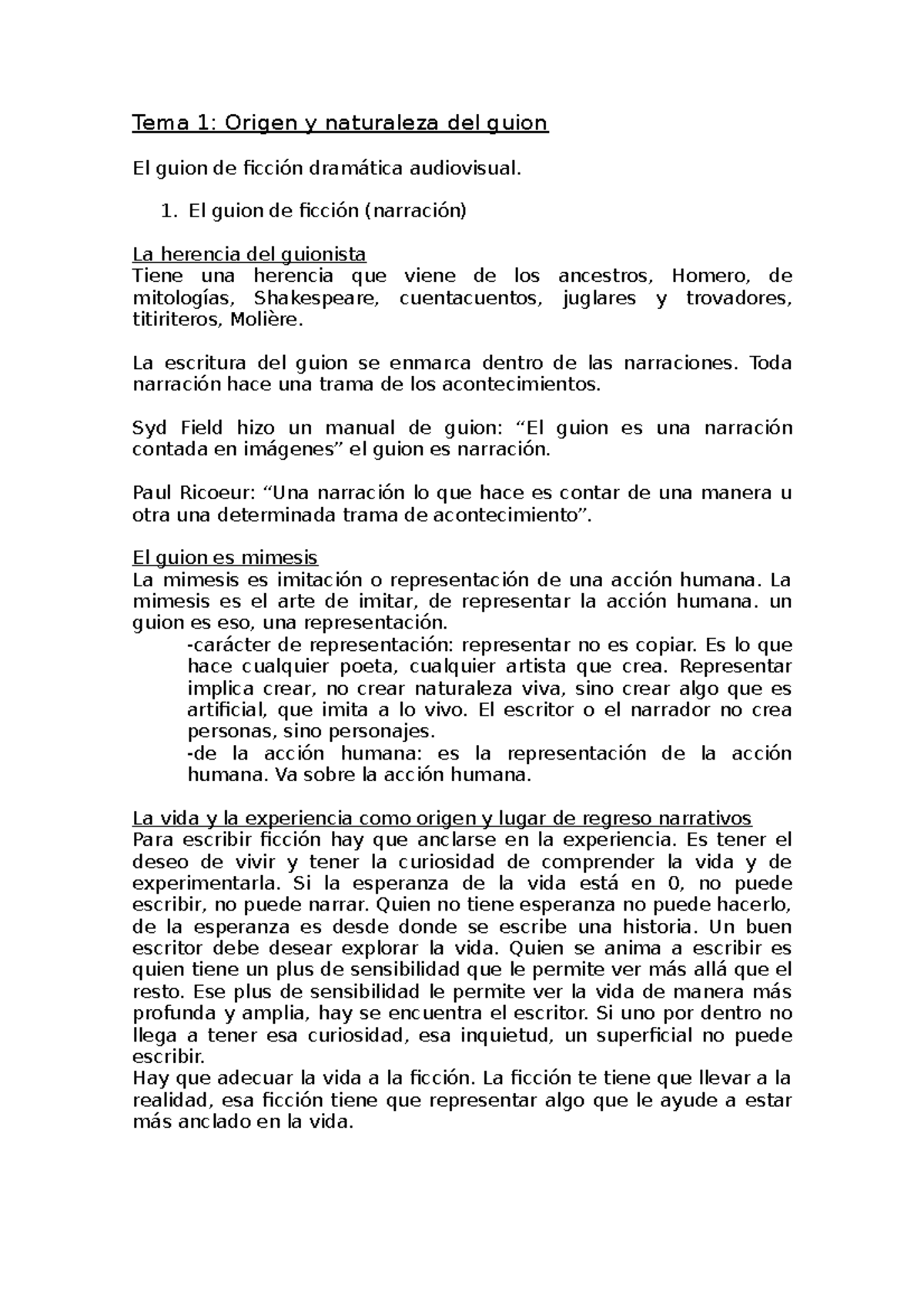 Tema 1 - Tema 1: Origen y naturaleza del guion El guion de ficción ...