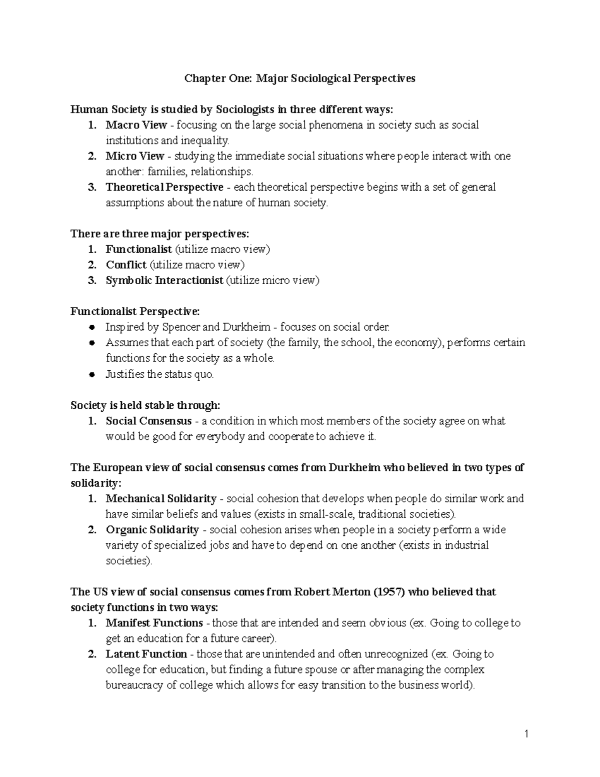 Sociology Notes - Chapter One: Major Sociological Perspectives Human ...