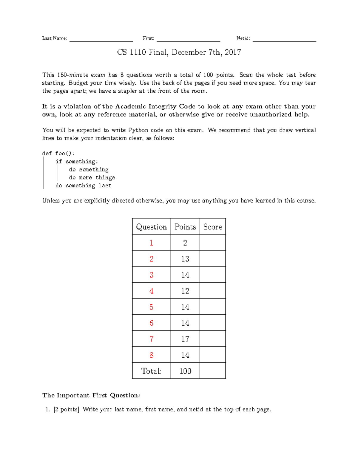 2017 fall final answers - CS 1110 Final, December 7th, 2017 This 150 ...