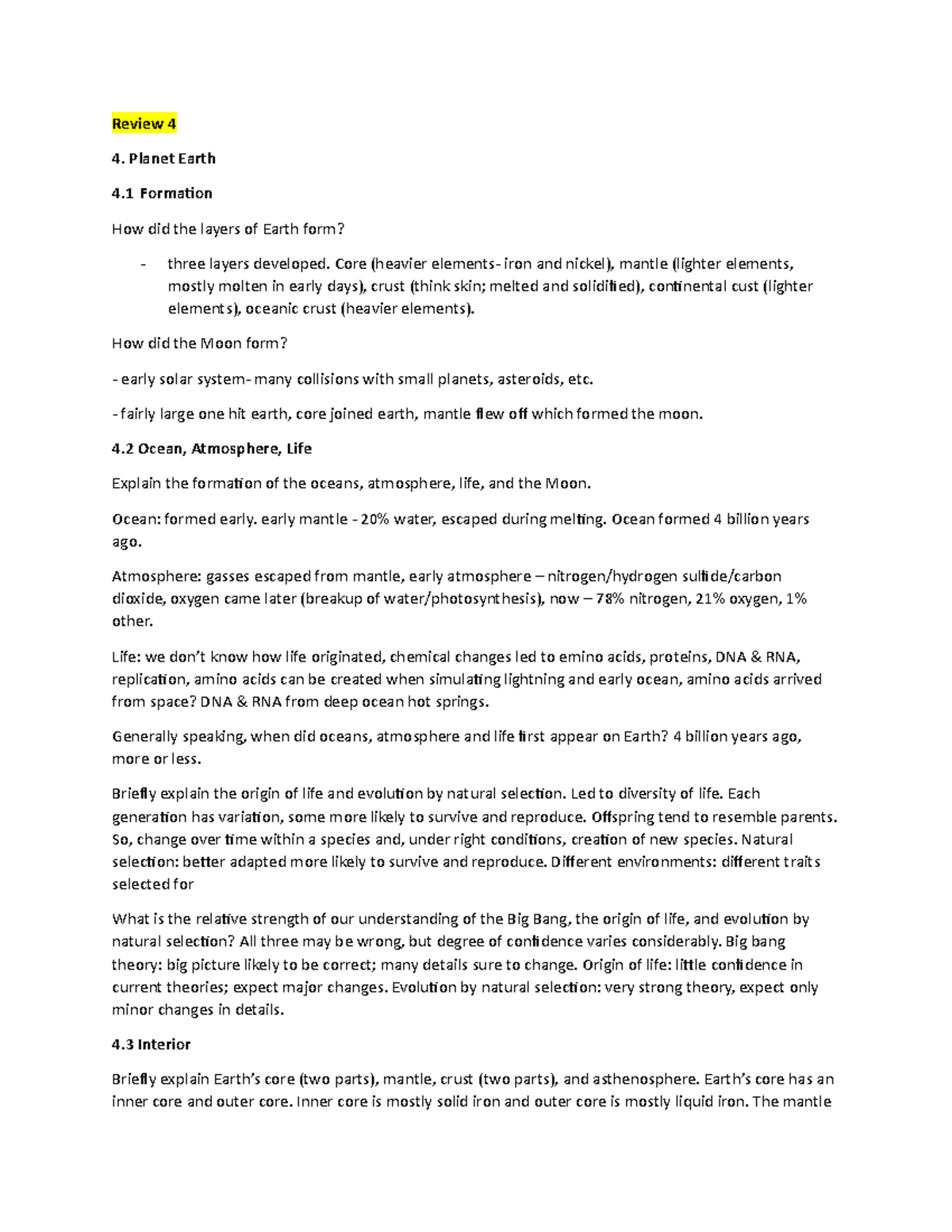 Geography lecture notes 4 - Review 4 Planet Earth 4 Formation How did ...