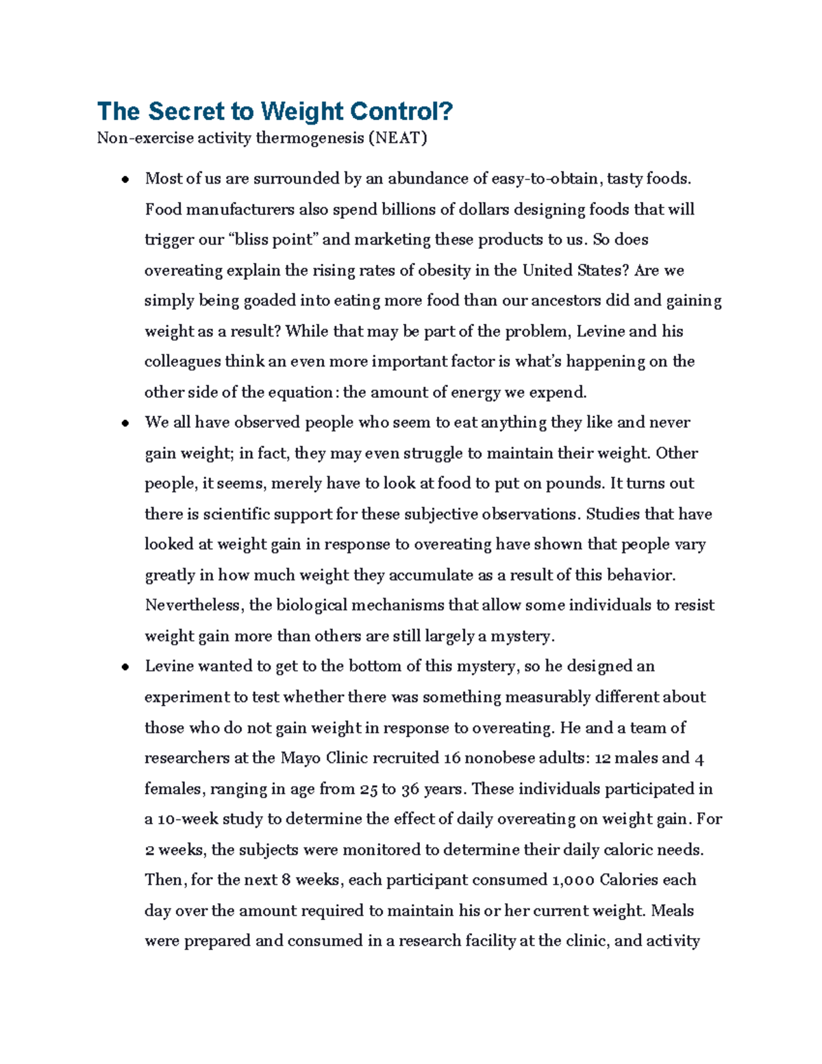 Bio ch. 6.2- The Secret to Weight Control - The Secret to Weight ...