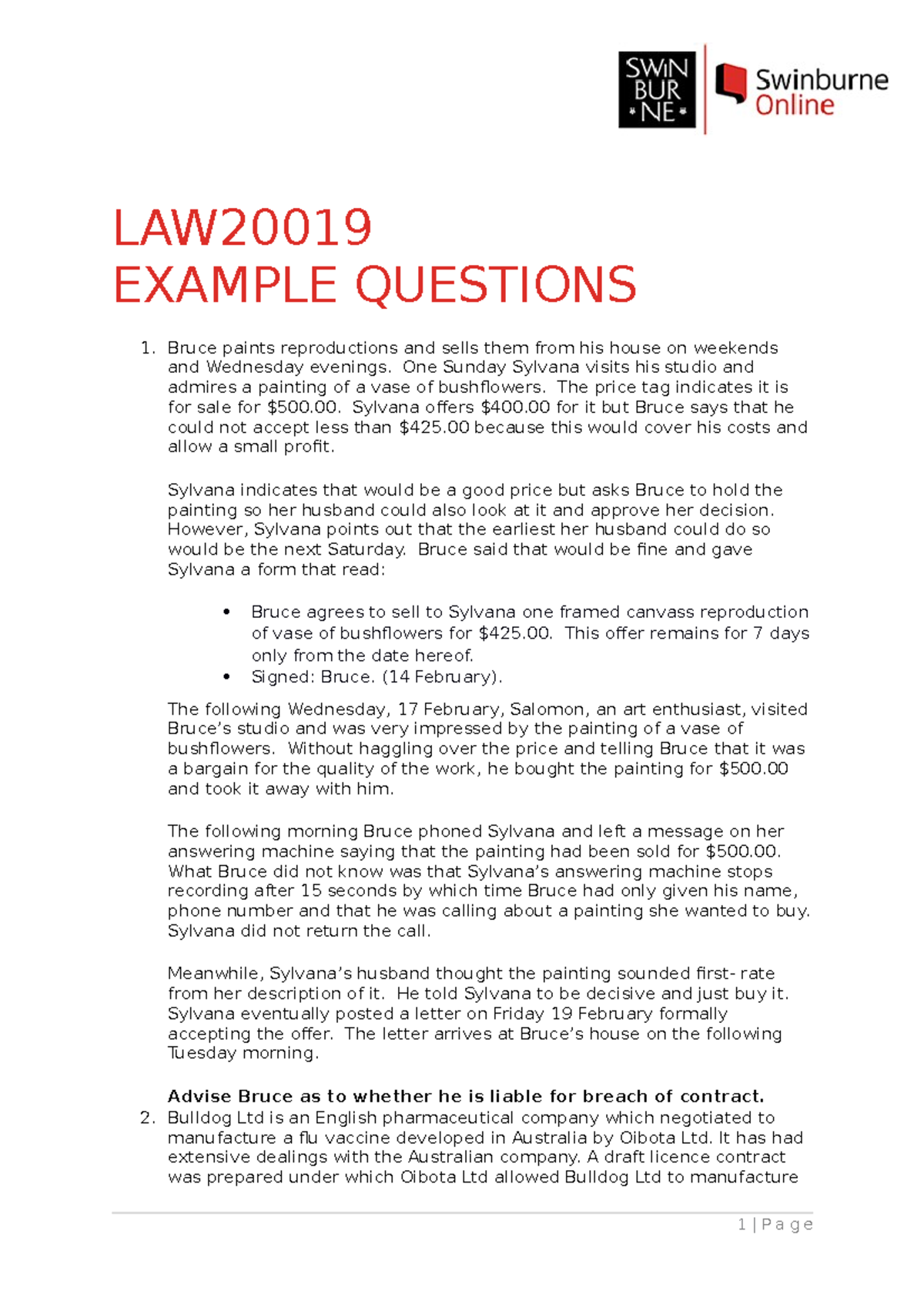 LAW2001 9 Example questions - LAW EXAMPLE QUESTIONS Bruce paints ...