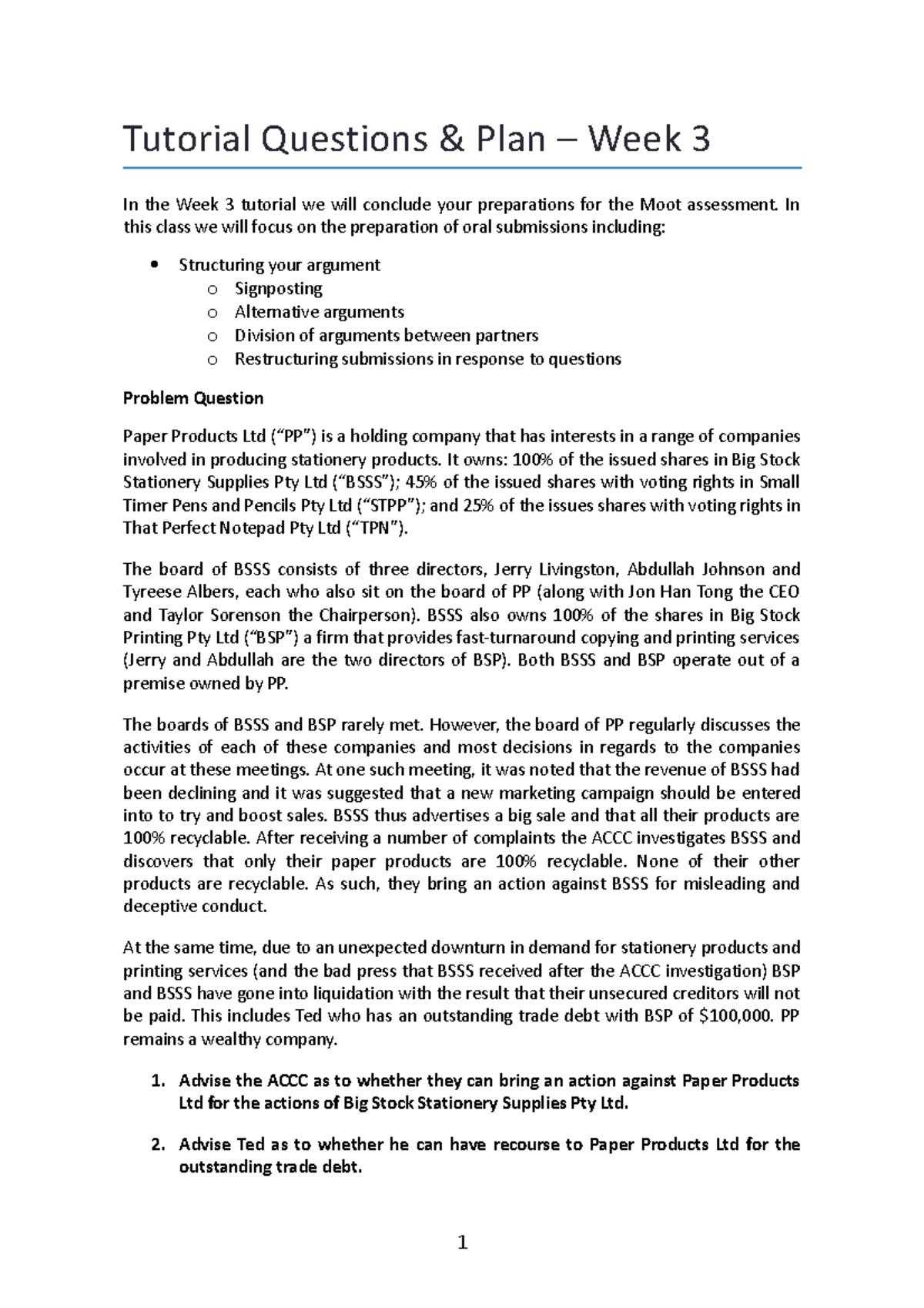 LAW303 2023 Week 3 Tutorial Questions - Tutorial Questions & Plan – Week 3 In the Week 3 - Studocu