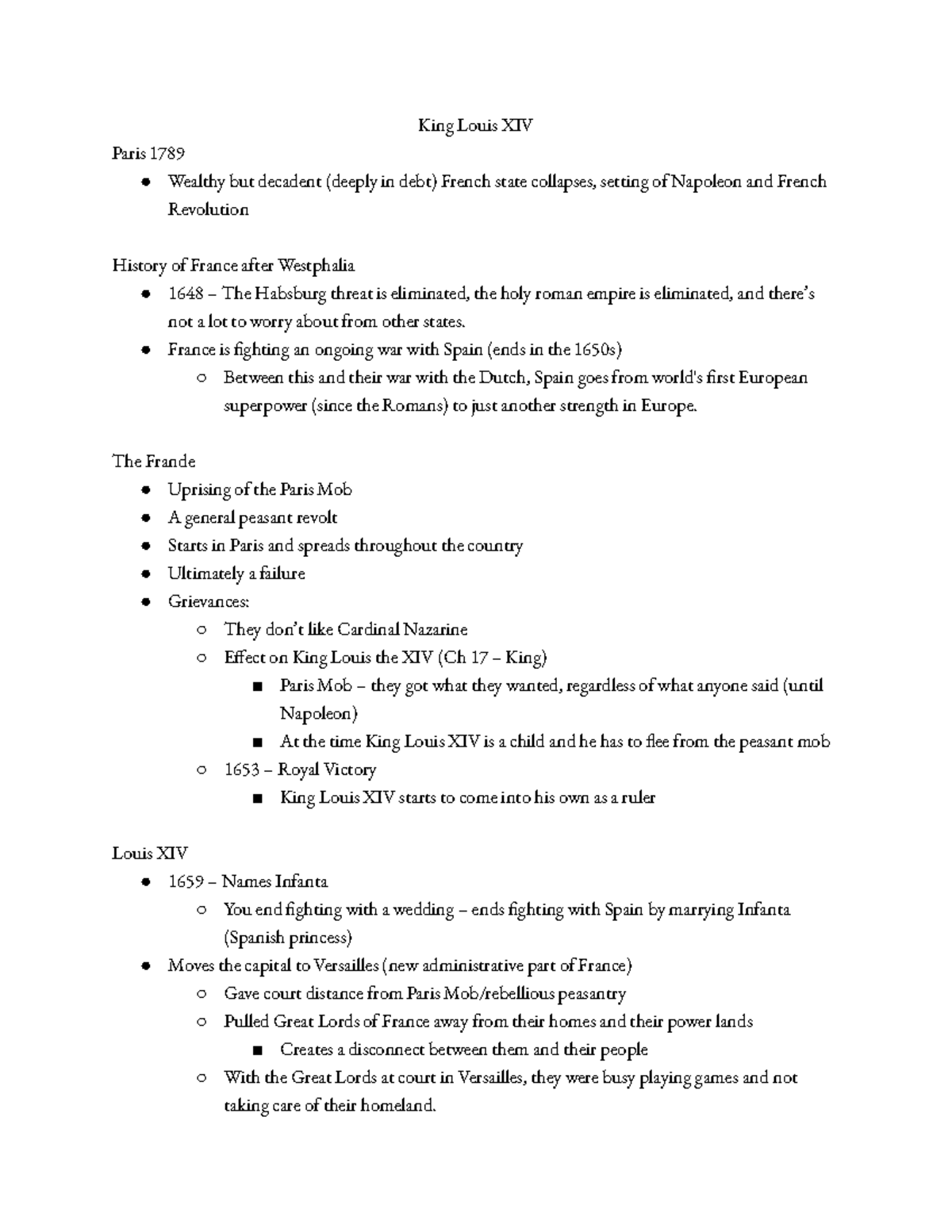 King Louis XIV Lecture Notes - King Louis XIV Paris 1789 Wealthy but ...