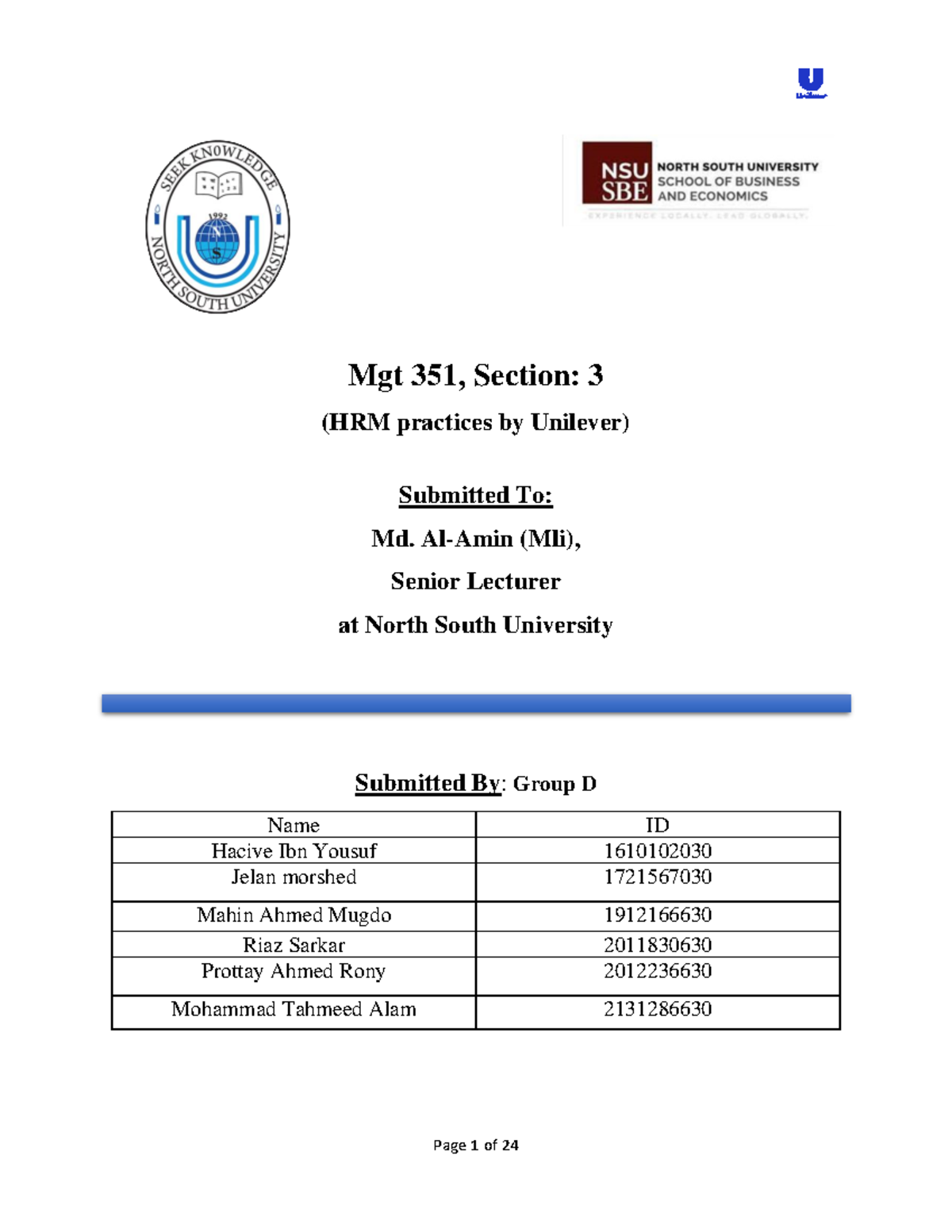 Mgt-351 Group-report Group-D 2 - Mgt 351, Section: 3 (HRM practices by ...