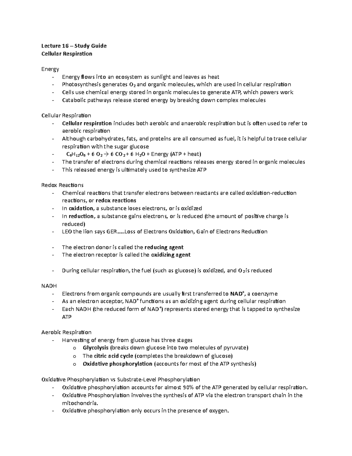 Lecture 16 Study Guide - Lecture 16 – Study Guide Cellular Respiration ...
