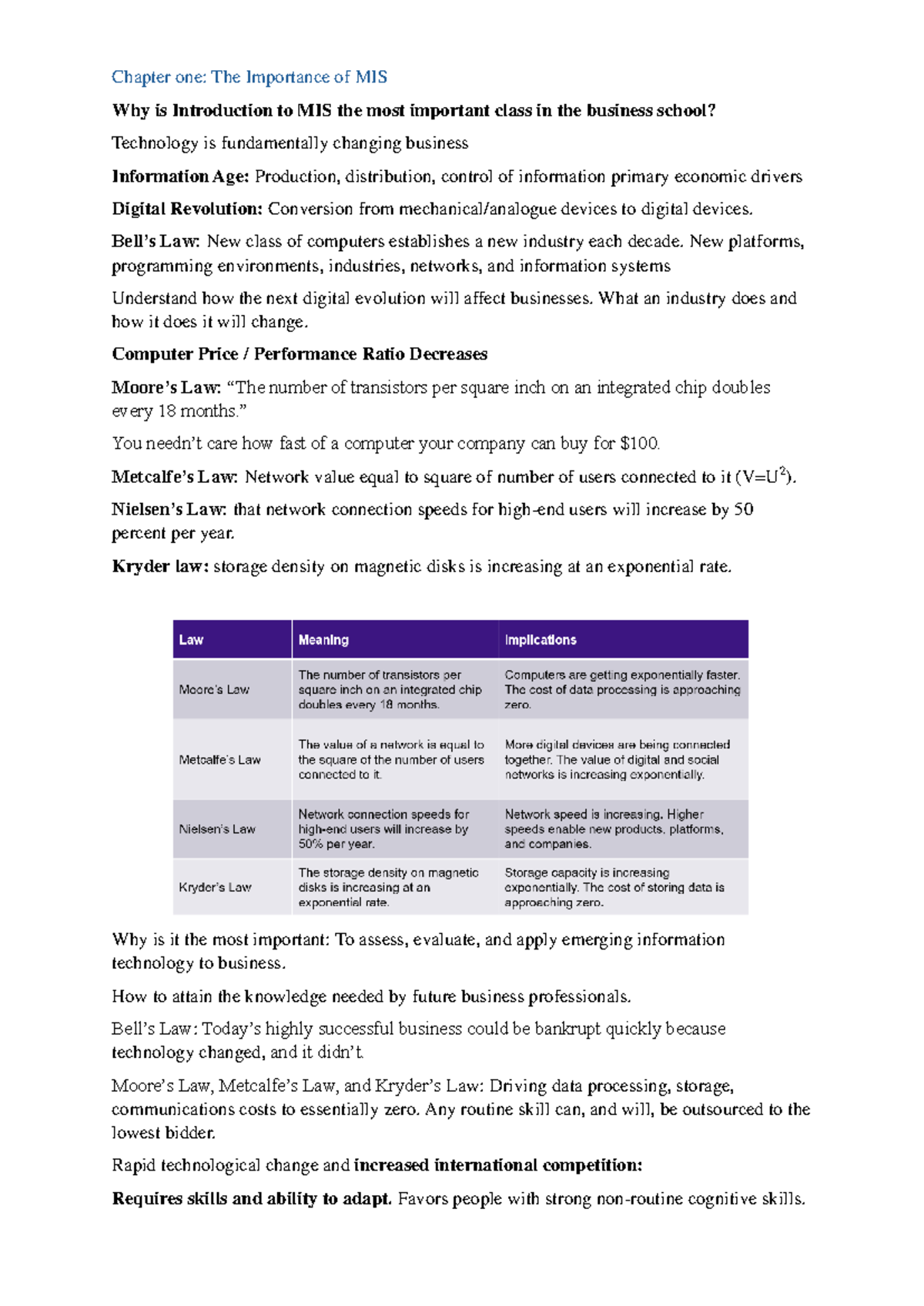 Summary MIS - A good brief - Chapter one: The Importance of MIS Why is Introduction to MIS the ...