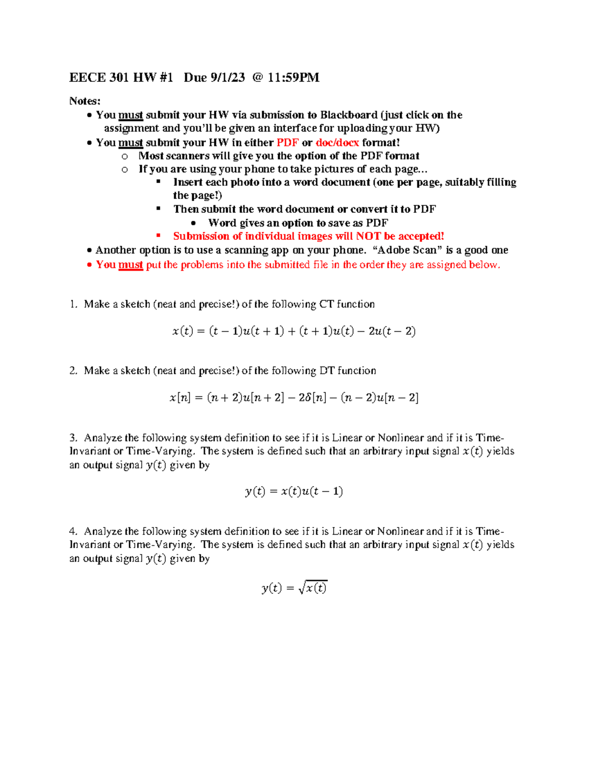 EECE 301 HW#1 - hw #1 - EECE 301 HW # 1 Due 9/ 1 / 23 @ 11:59PM Notes ...