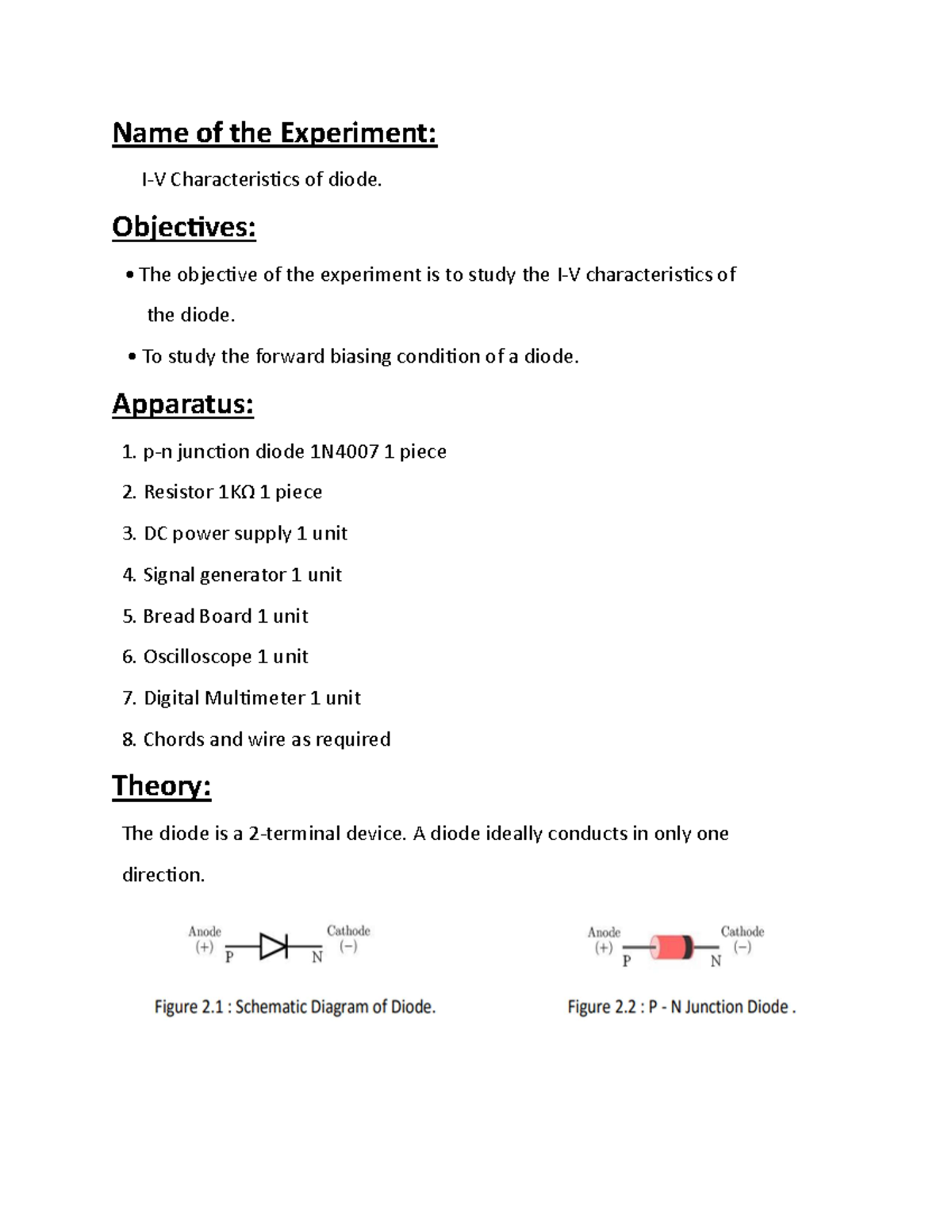 EEE111 Lab 1 Theory - lab reports - Name of the Experiment: I-V ...