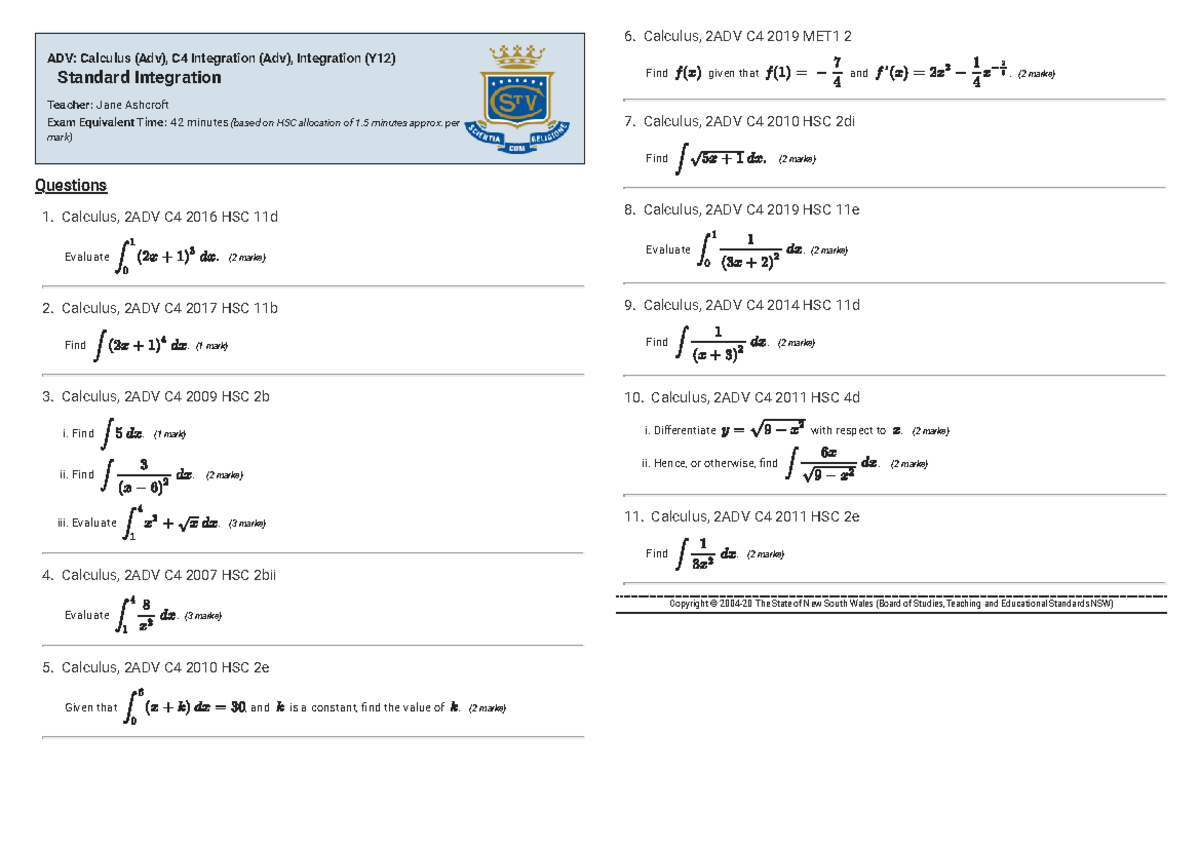 Integration - This is a great selection of past hsc questions that have ...