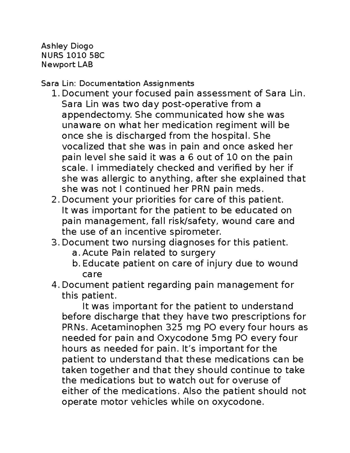 Sara lim sim lab 23r5 - Ashley Diogo NURS 1010 58C Newport LAB Sara Lin ...