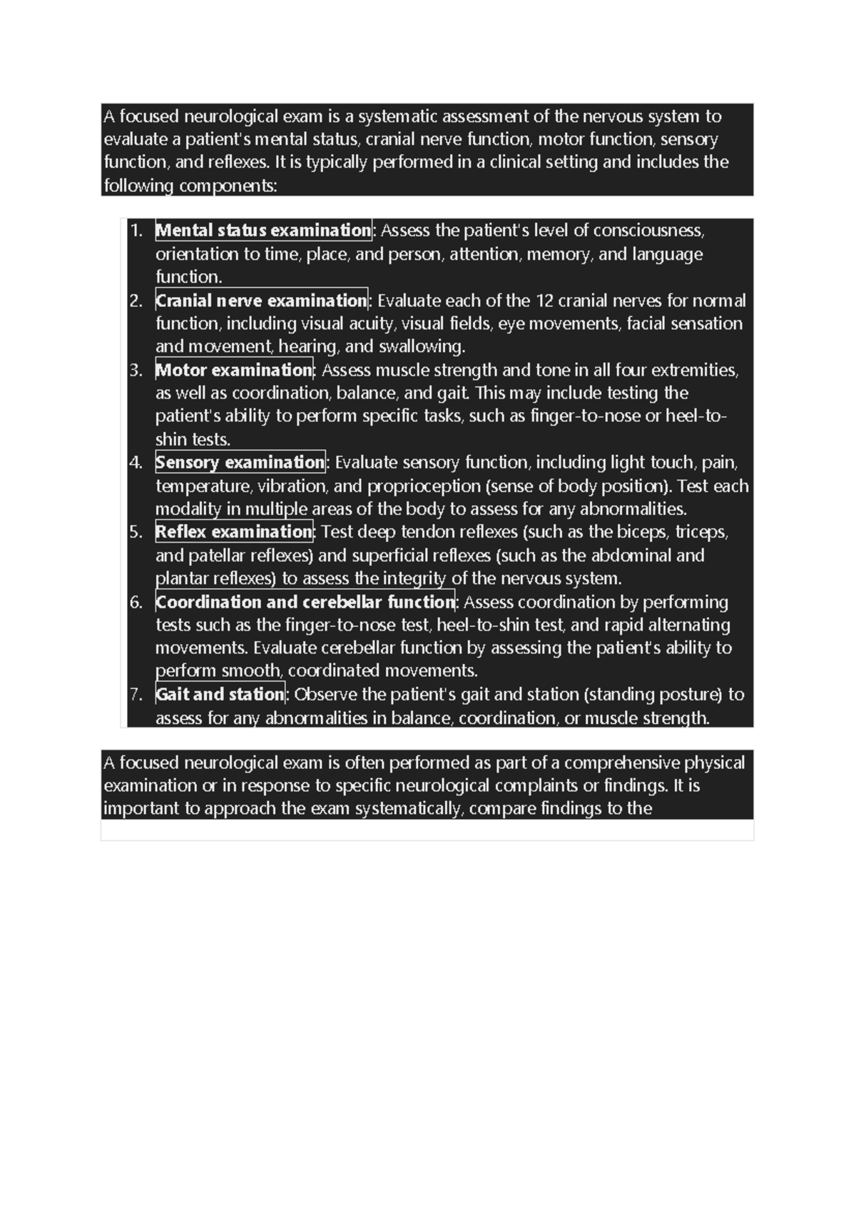 A focused neurological exam is a systematic assessment of the nervous ...