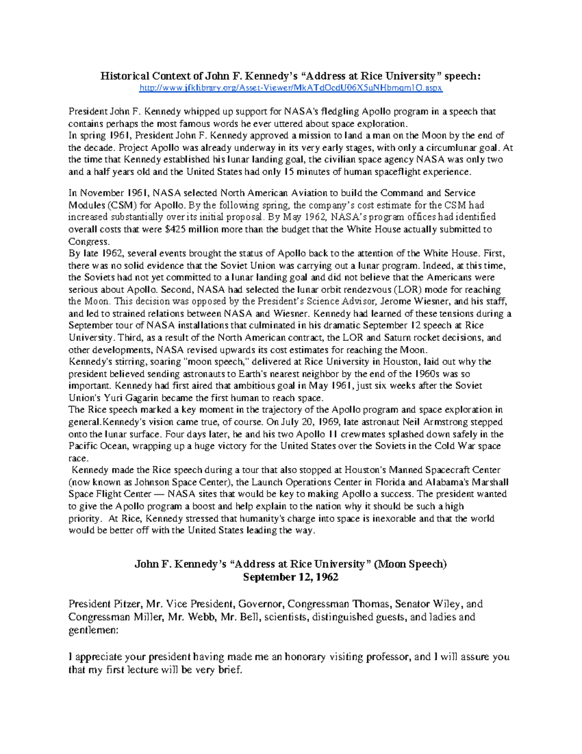 Student COPY JFK MOON Speech - Historical Context of John F. Kennedy’s ...