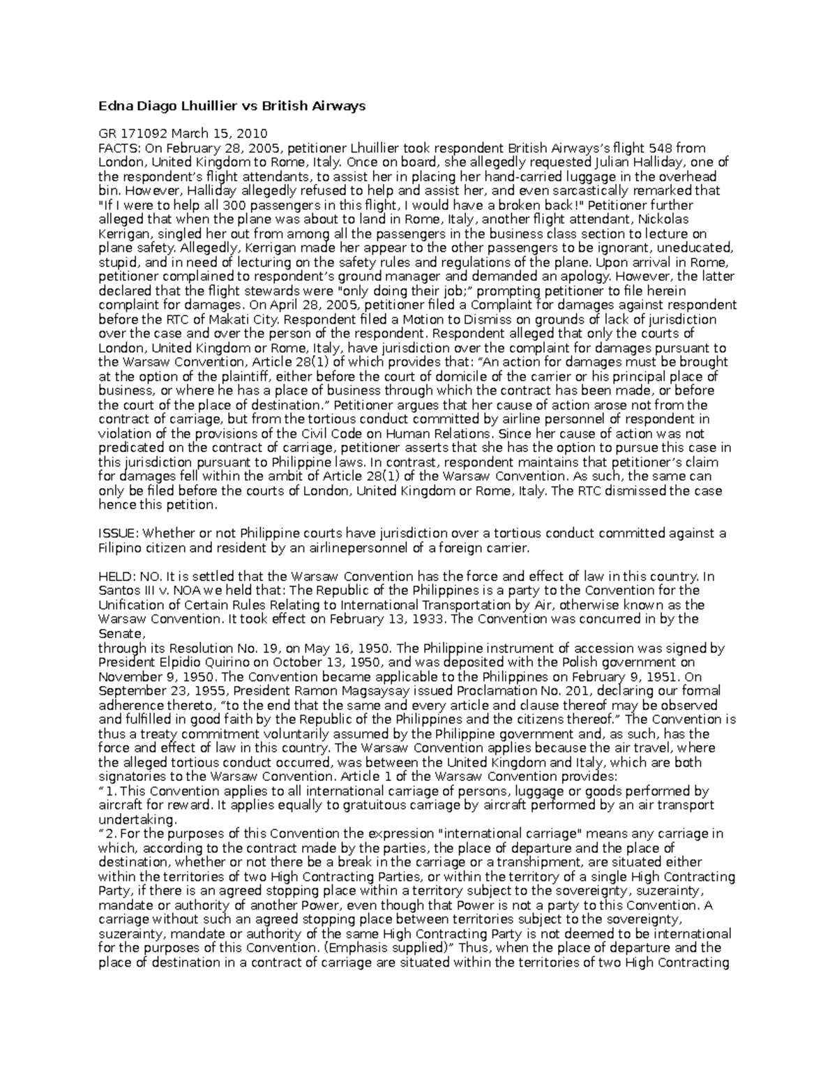 Edna Diago Lhuillier vs British Airways - Once on board, she allegedly ...