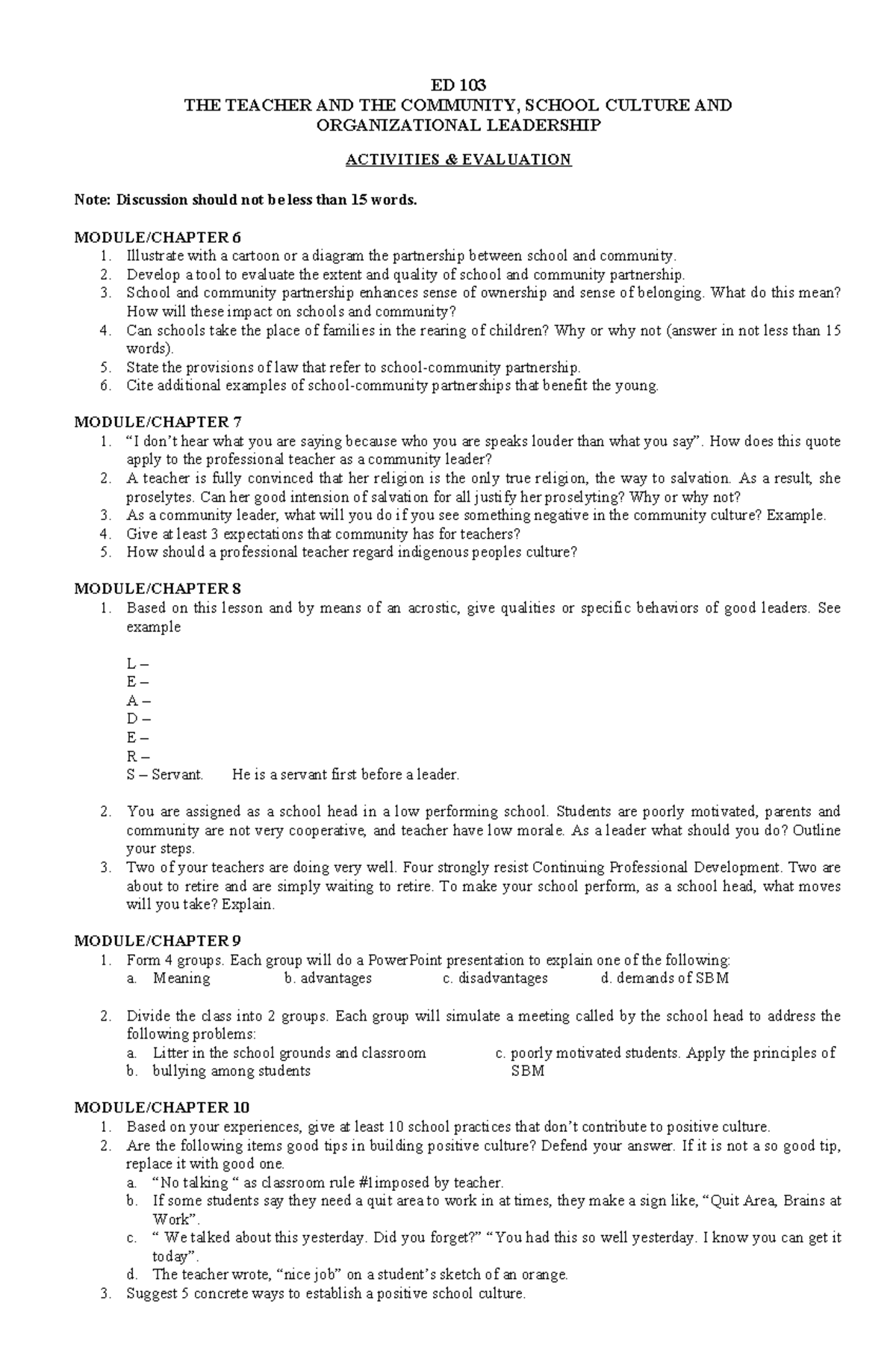 ED 103 Module 6 12 Activities - ED 103 THE TEACHER AND THE COMMUNITY ...