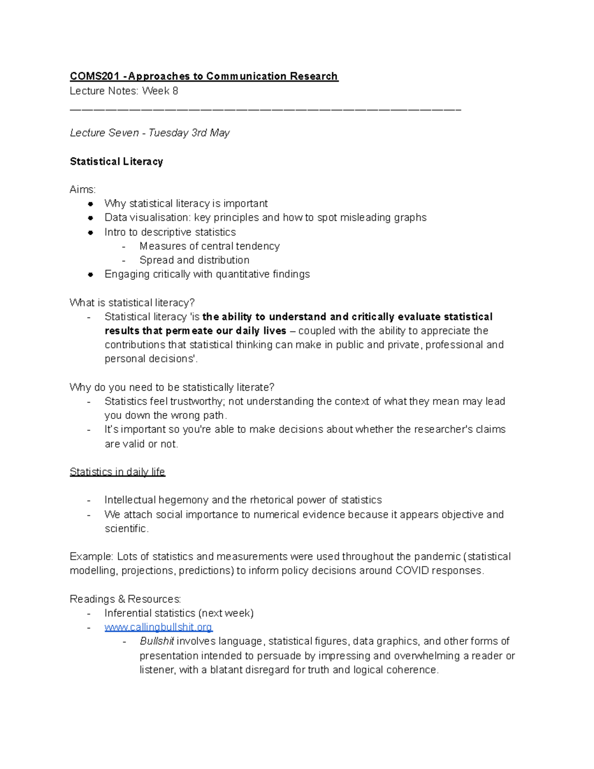 COMS201 - Week 8 Lecture Notes - COMS201 - Approaches to Communication ...