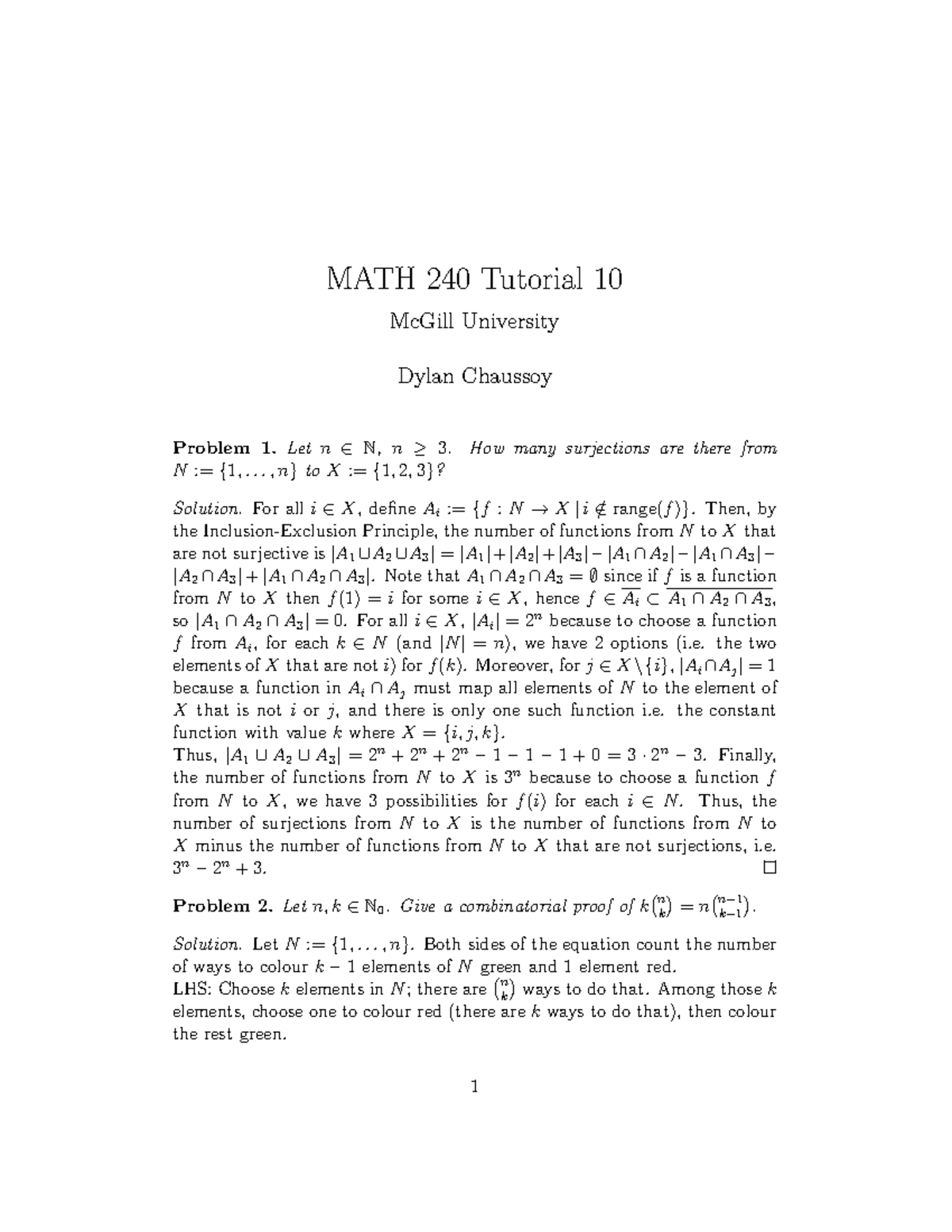 Tut10S - Answers to tutorial. - MATH 240 Tutorial 10 McGill University ...