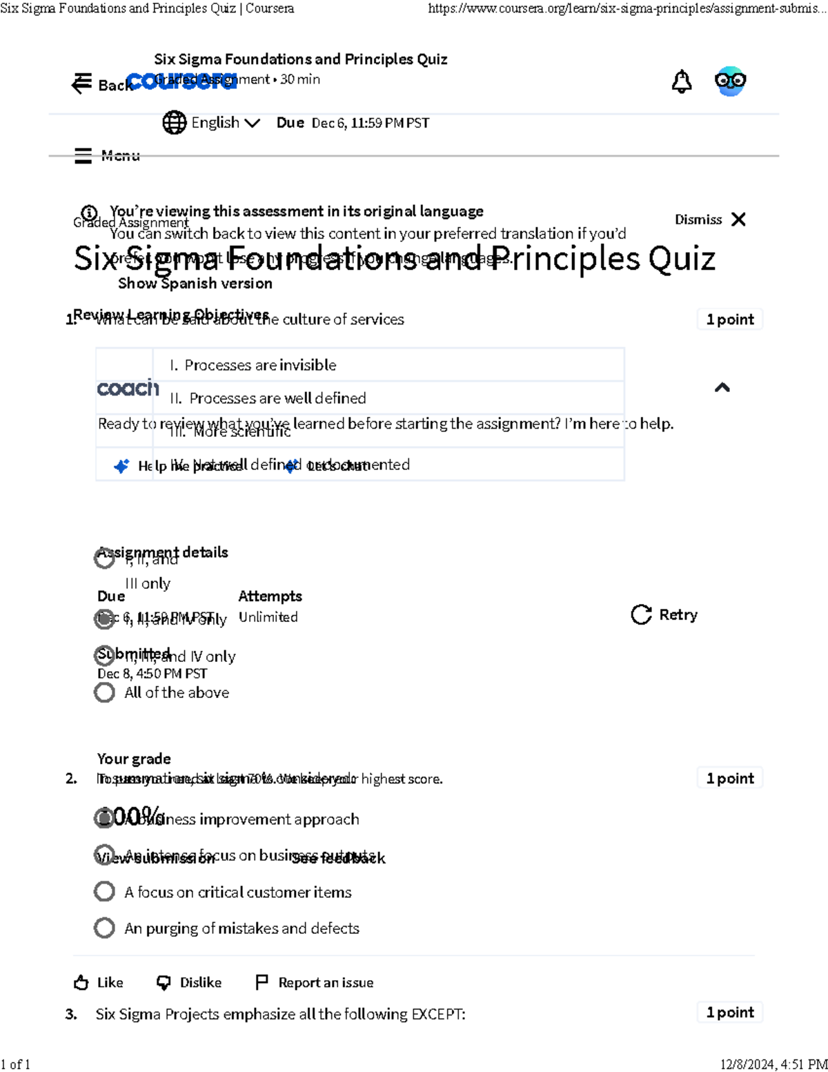 Six Sigma Foundations and Principles Quiz Coursera - Graded Assignment ...