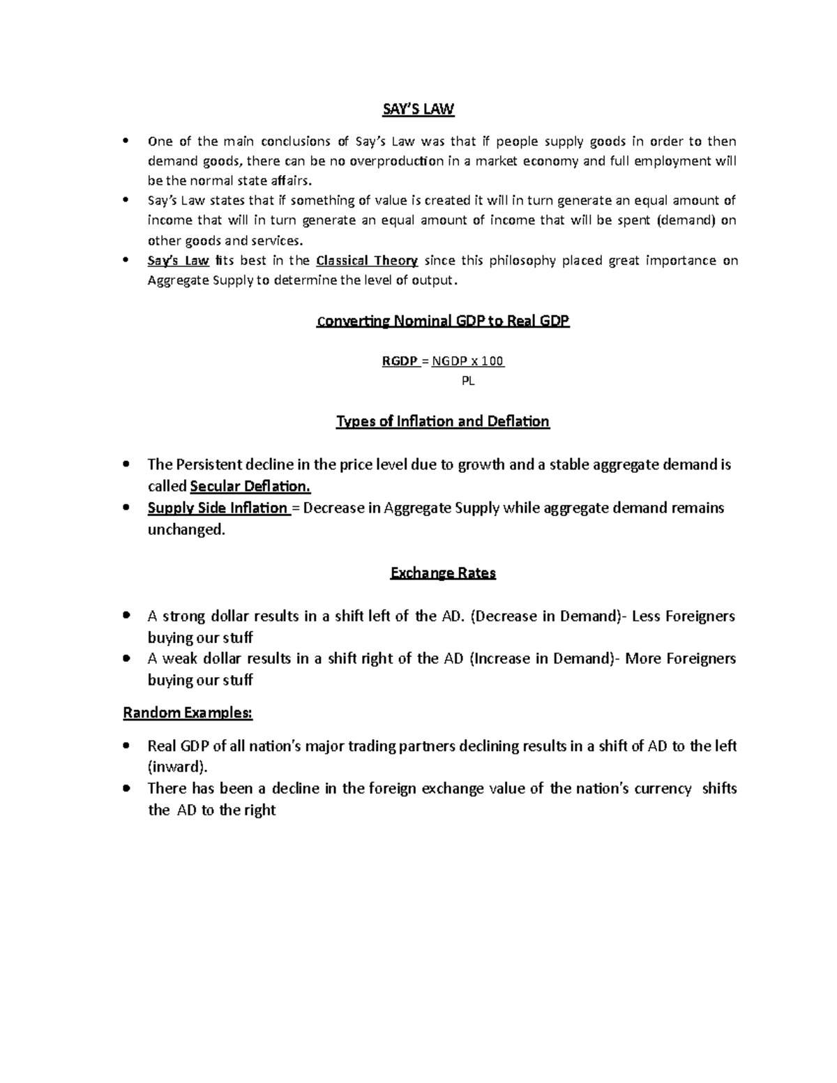 Economics Review Sheet 2 Part 2 - SAY’S LAW One of the main conclusions ...
